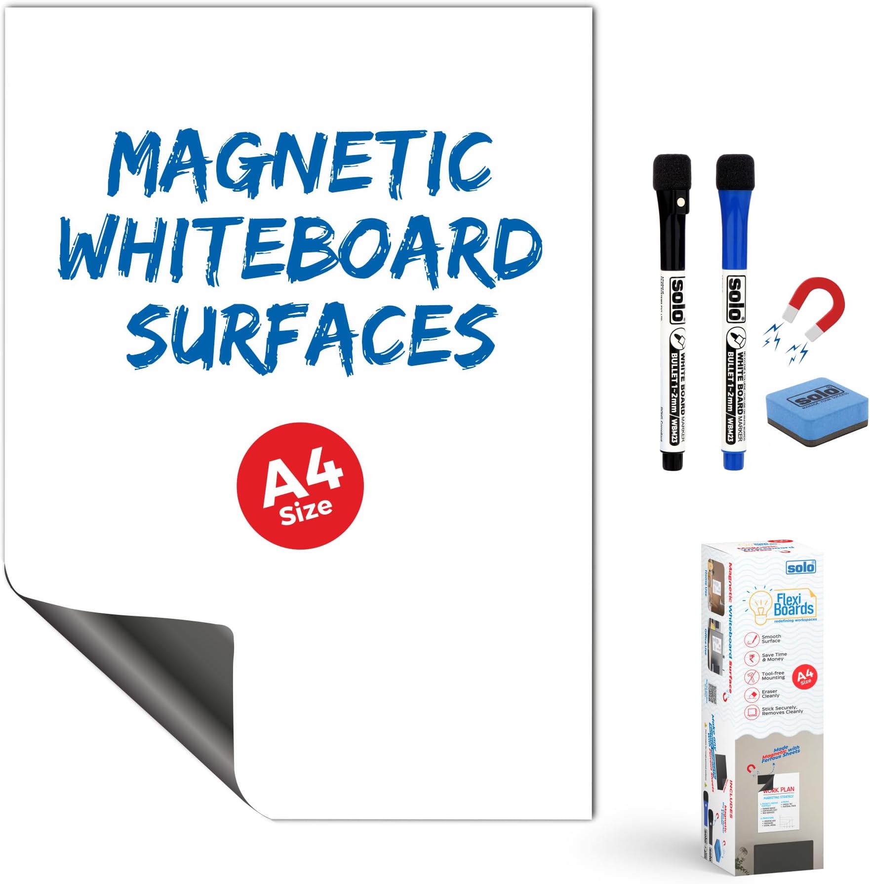 SOLO FlexiBoard A4 Magnetic Whiteboard Set – Includes 2 Markers, Duster ...