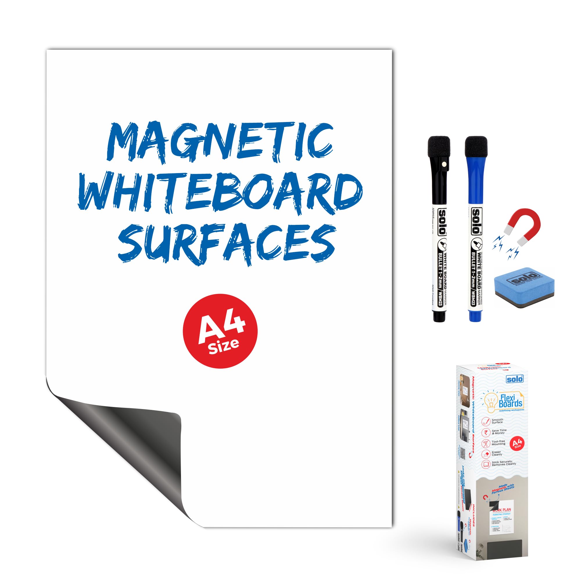SOLO FlexiBoard A4 Magnetic Whiteboard Set – Includes 2 Markers, Duster ...
