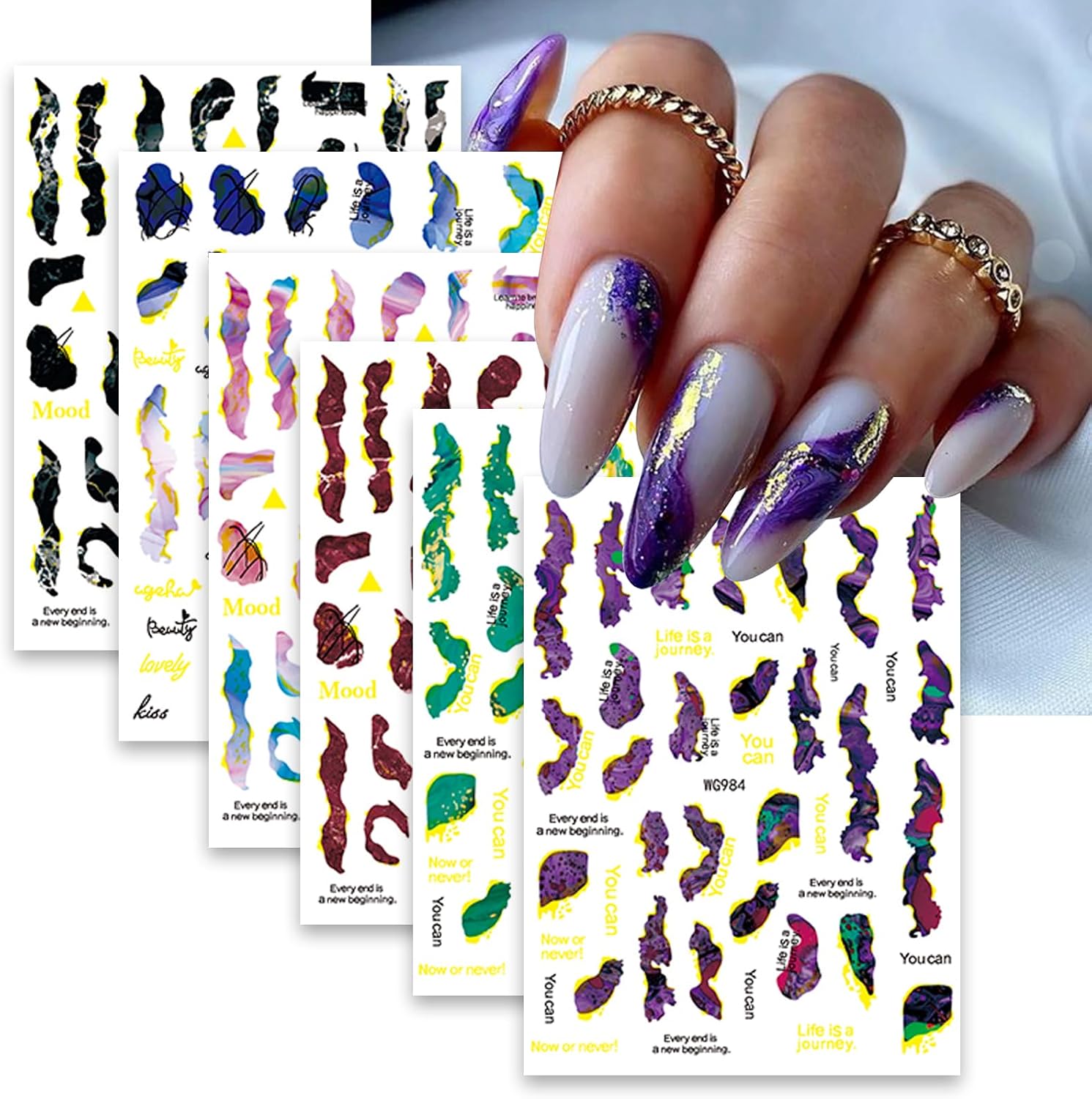 Amazon.com: 6 Sheets Colorful Marble Nail Stickers 3D Self Adhesive ...