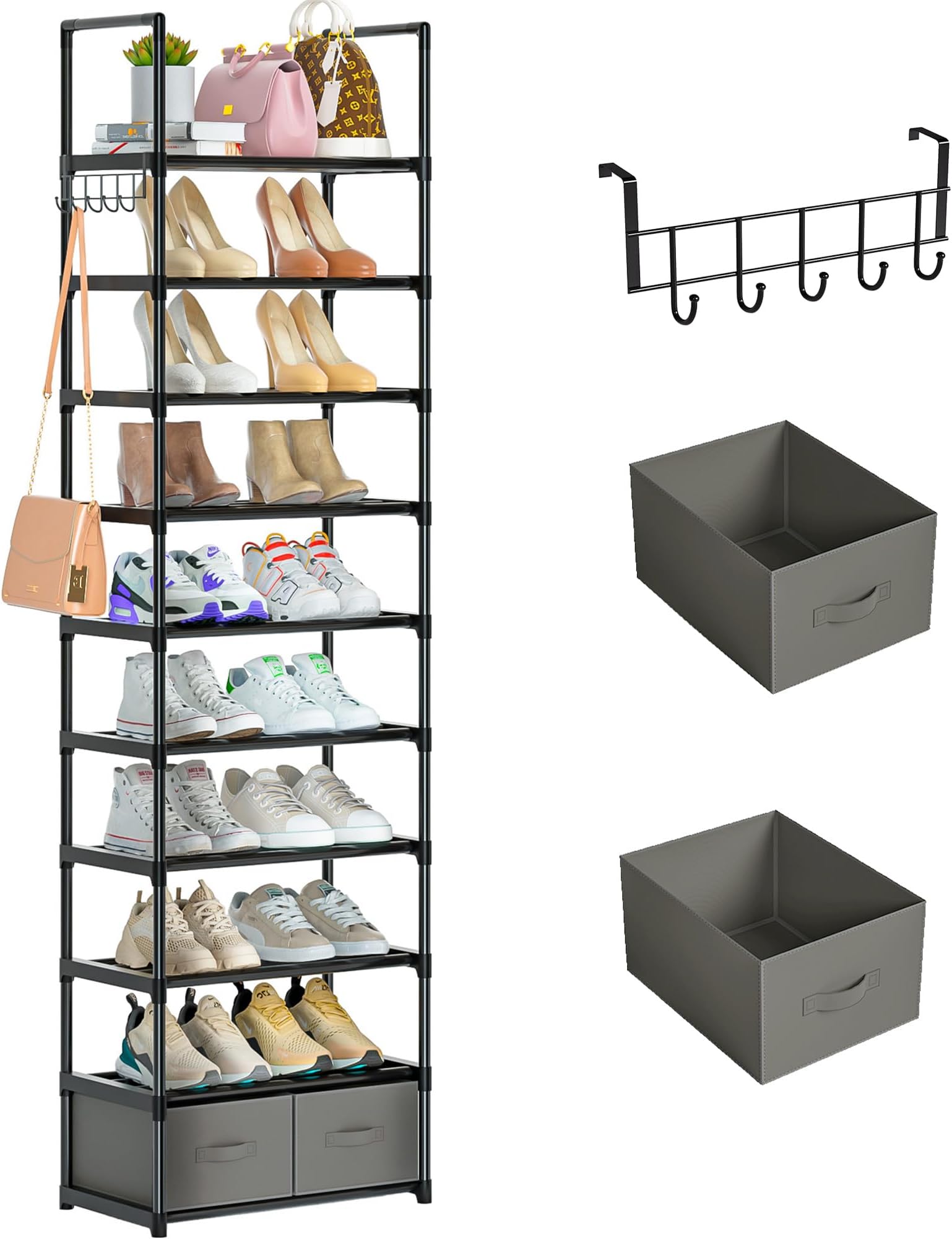 Amazon.com: XJJX 9-Tier Shoe Rack Organizer, 28 Pairs Metal Shoe Rack ...