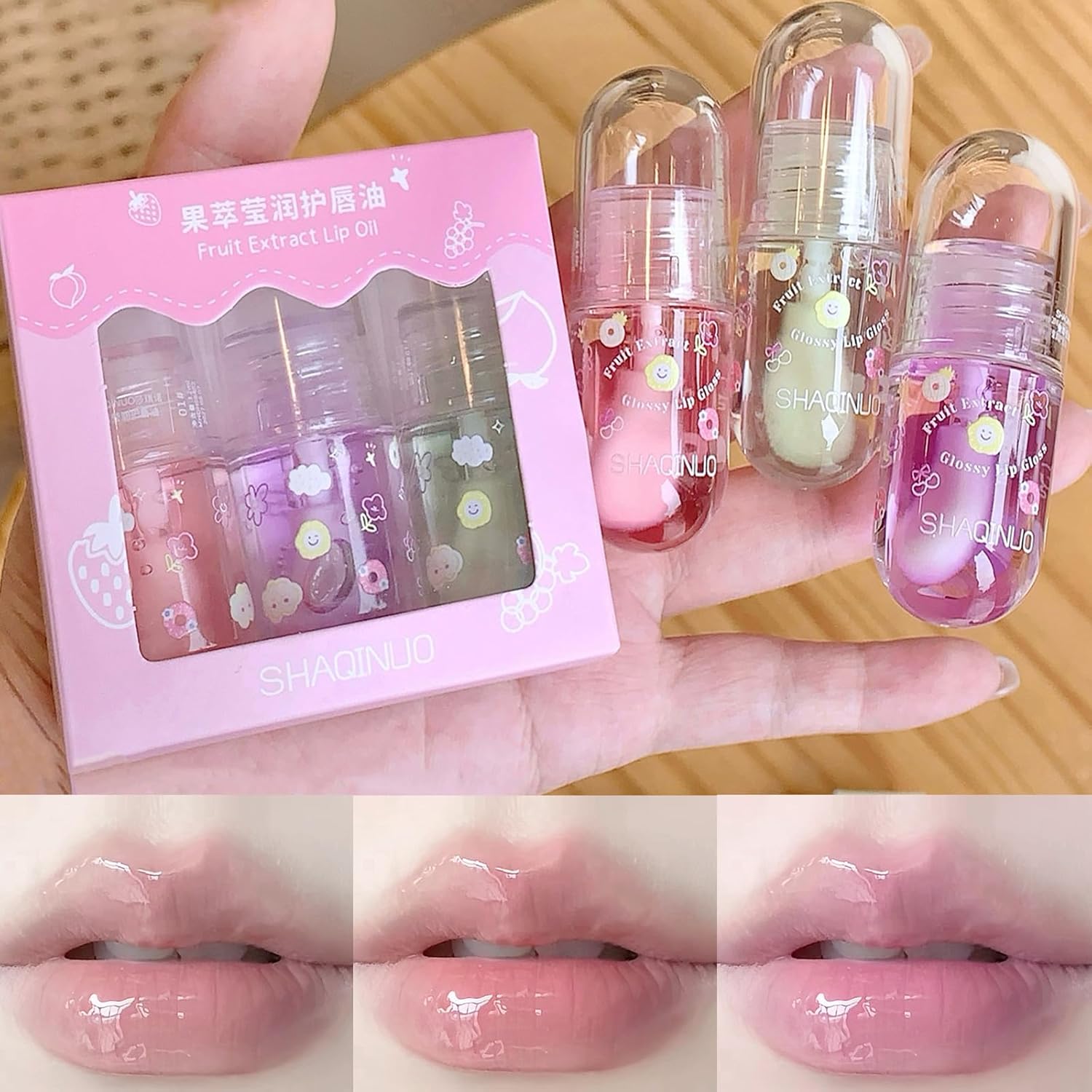 Amazon.com : 3 Pcs Hydrating Lip Oil Set, Cute Fruit-Flavored Plumping ...