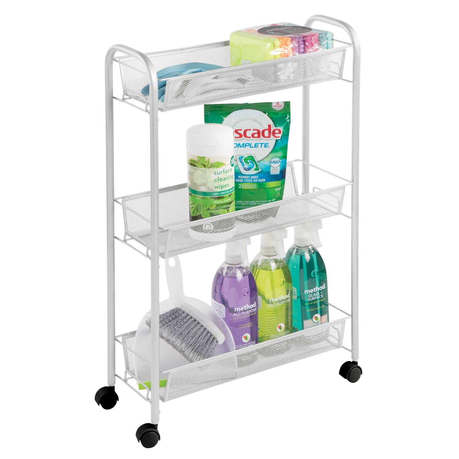 mDesign Steel Rolling Utility Cart Storage Organizer Trolley with 3 ...