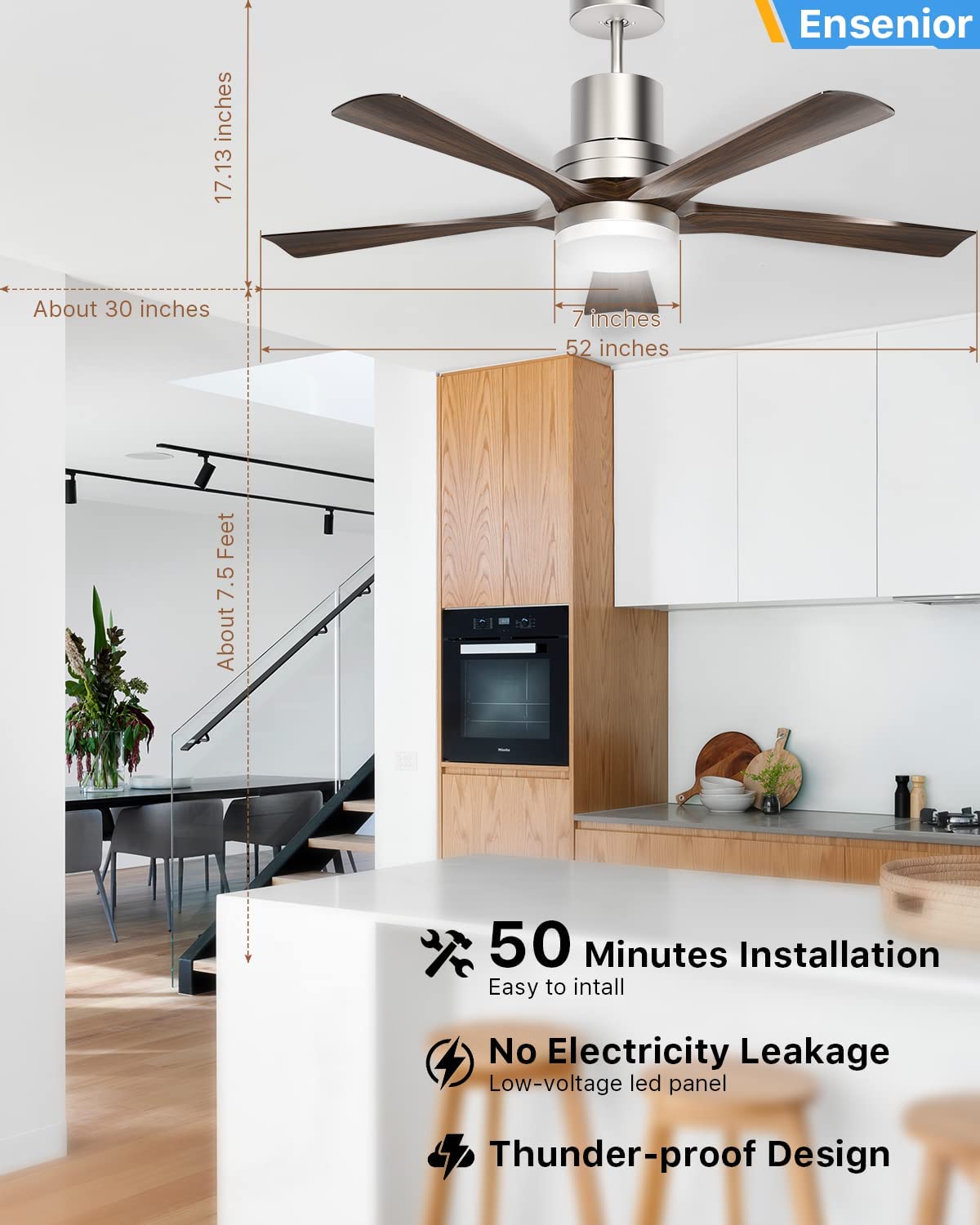 Ensenior 52â€? Ceiling Fan with Light Remote Control, 5CCT selectable ...