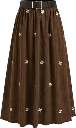 CIDER Skirts for Women Corduroy Floral Embroidery Mid Waist Ruffle ...