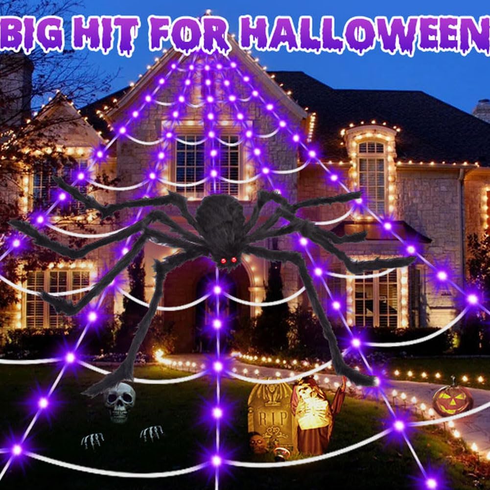 Amazon.com: Halloween Spider Webs 16.5ft x15.8ft with 250 LED Purple ...
