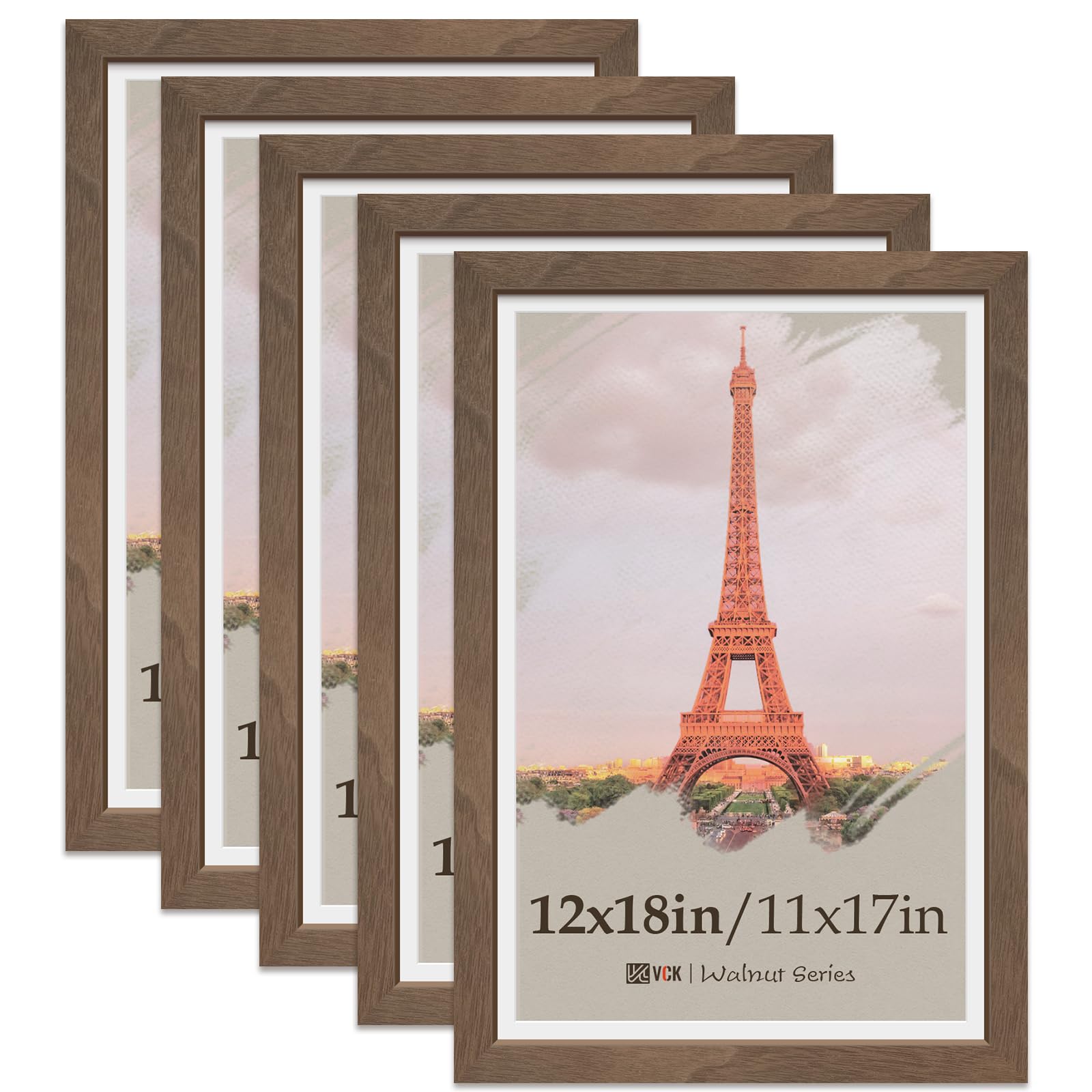 VCK 12x18 Picture Frame 5 Pack, Natural Wood Grain Brown Walnut & HD ...