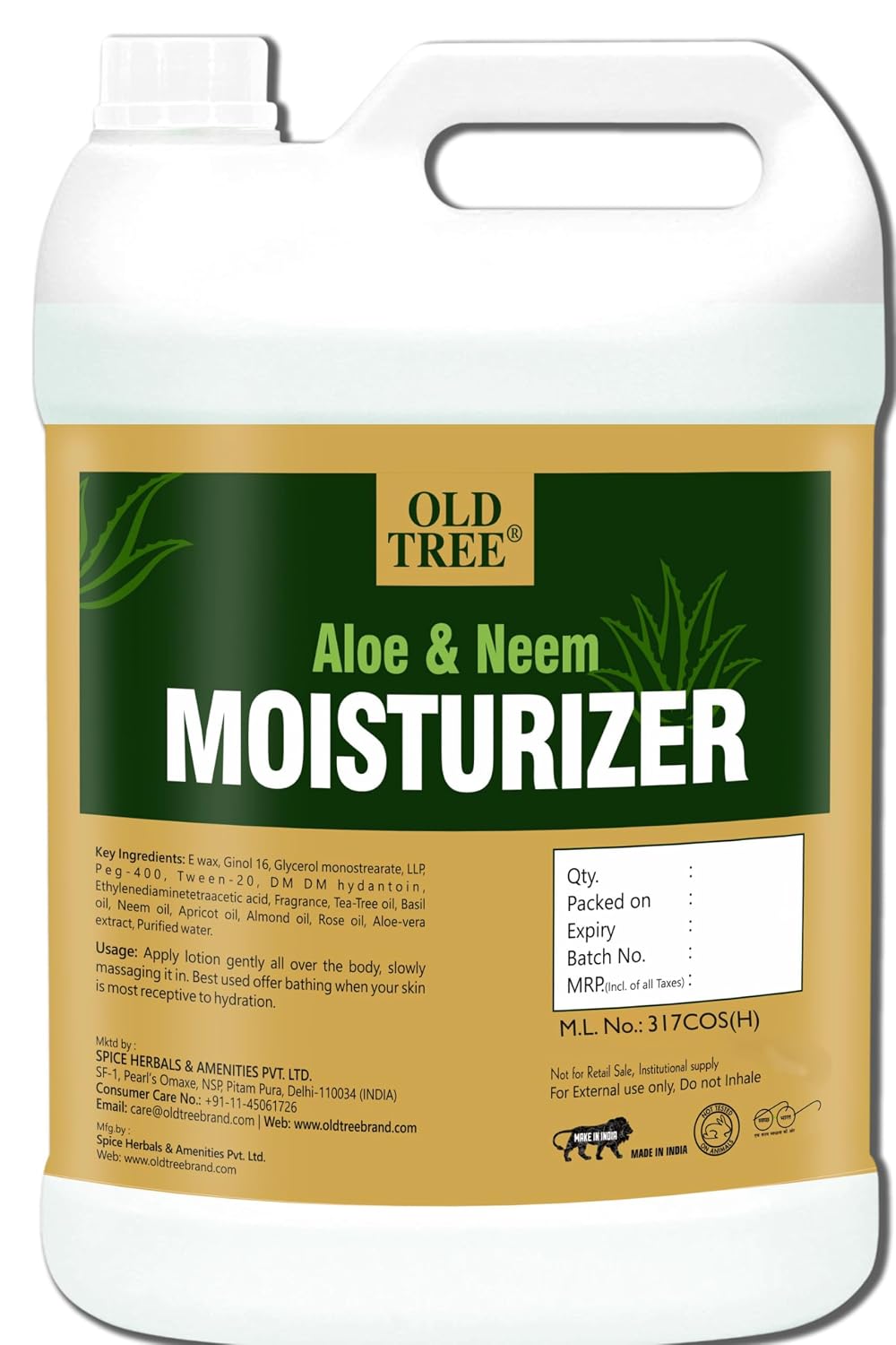 Old Tree Neem & Aloe Vera Moisturizer 5L - Refill Moisturizer Kit for ...