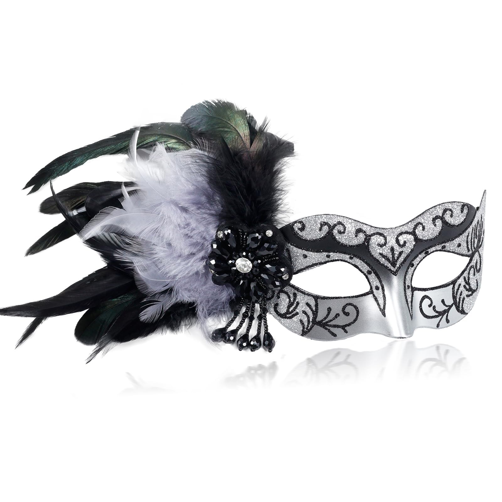 Amazon.com: MYSEUNI 2024 New Silver Women Masquerade Mask with Feathers ...