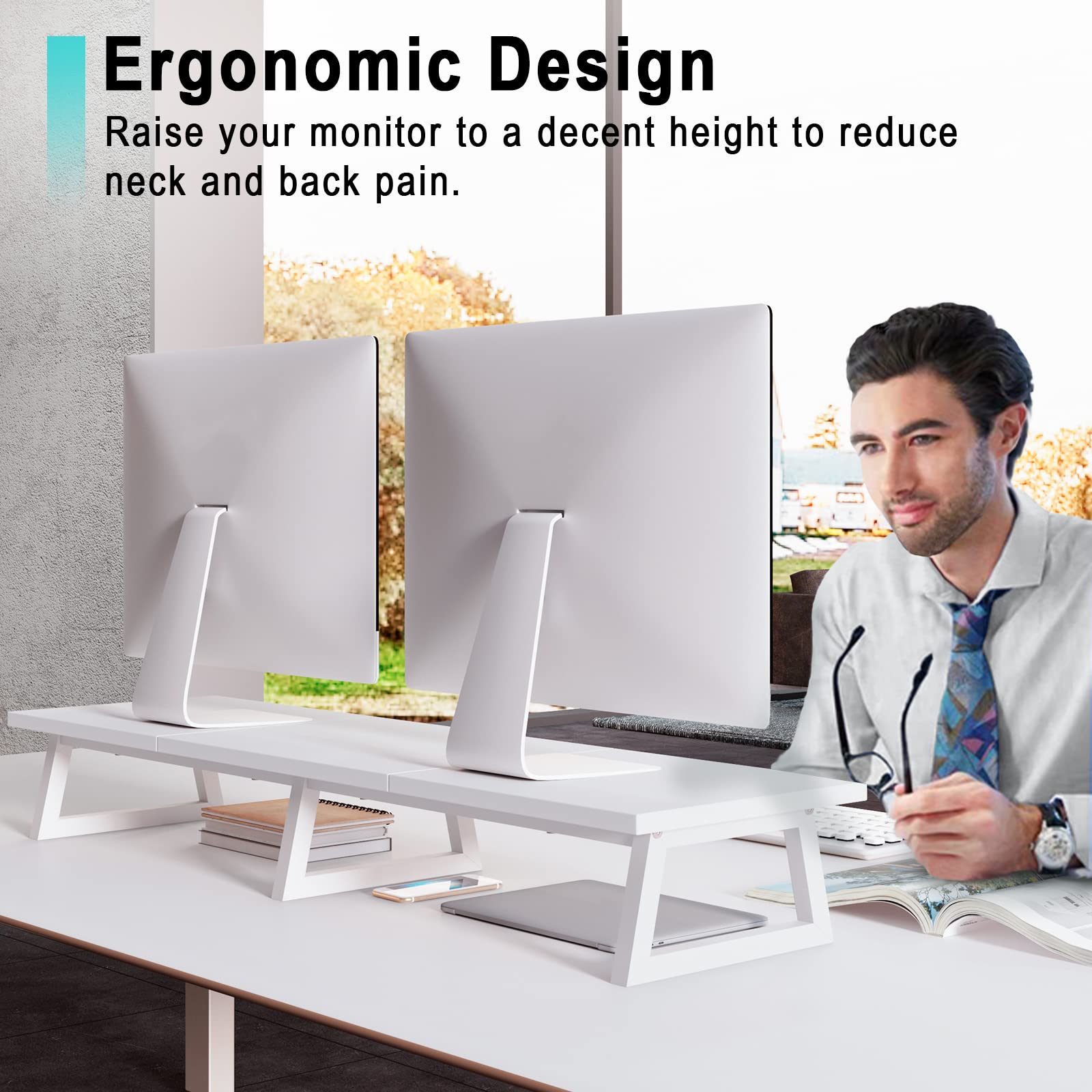 Snapklik.com : White Dual Monitor Stand 42 Inch Long Monitor Riser Wood ...