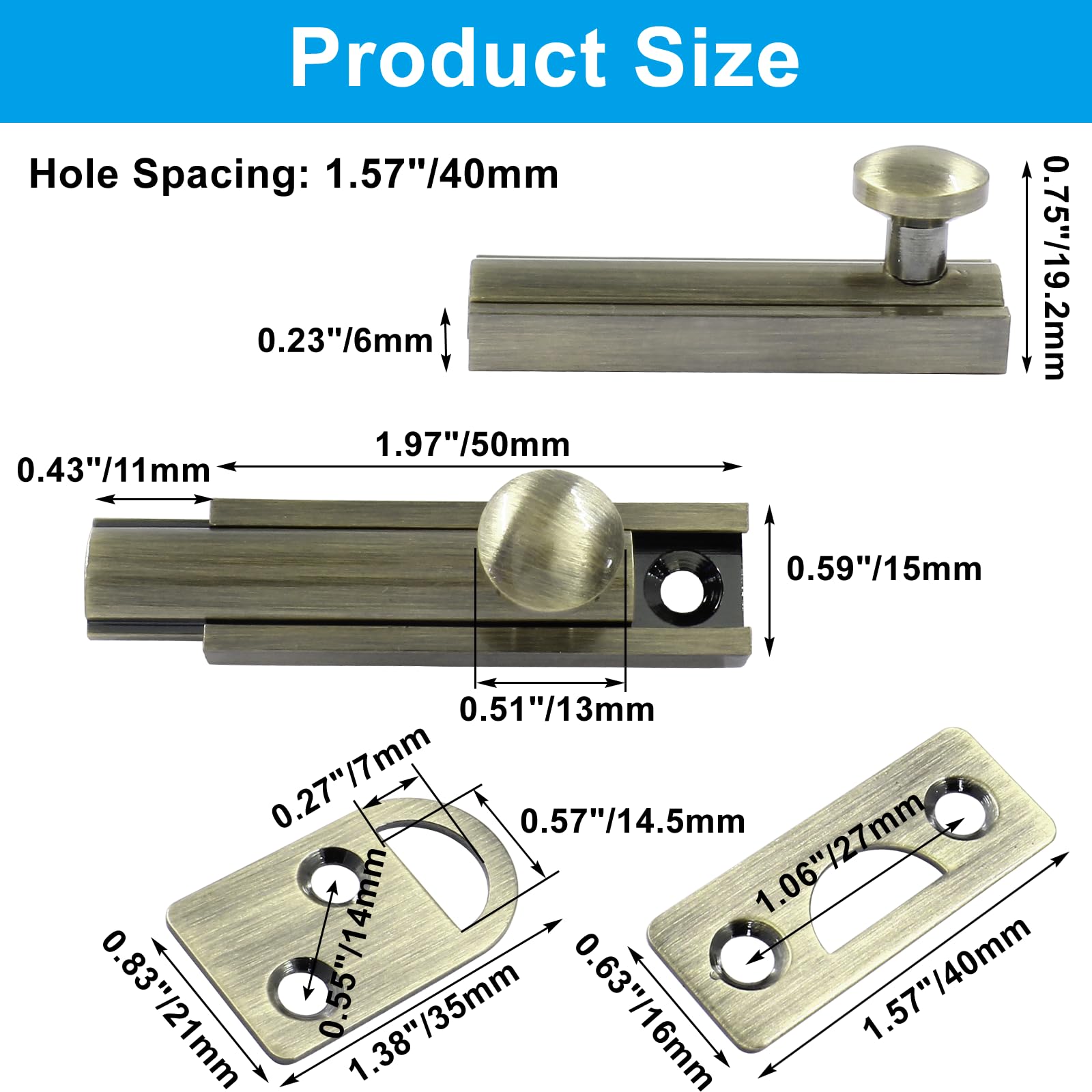 Snapklik.com : 1 Pack Solid Brass 2 Inch Surface Bolt, Bronze Slide ...