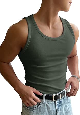 OYOANGLE Men's Rib Knit Scoop Neck Sleeveless Tank Top Basic Solid ...