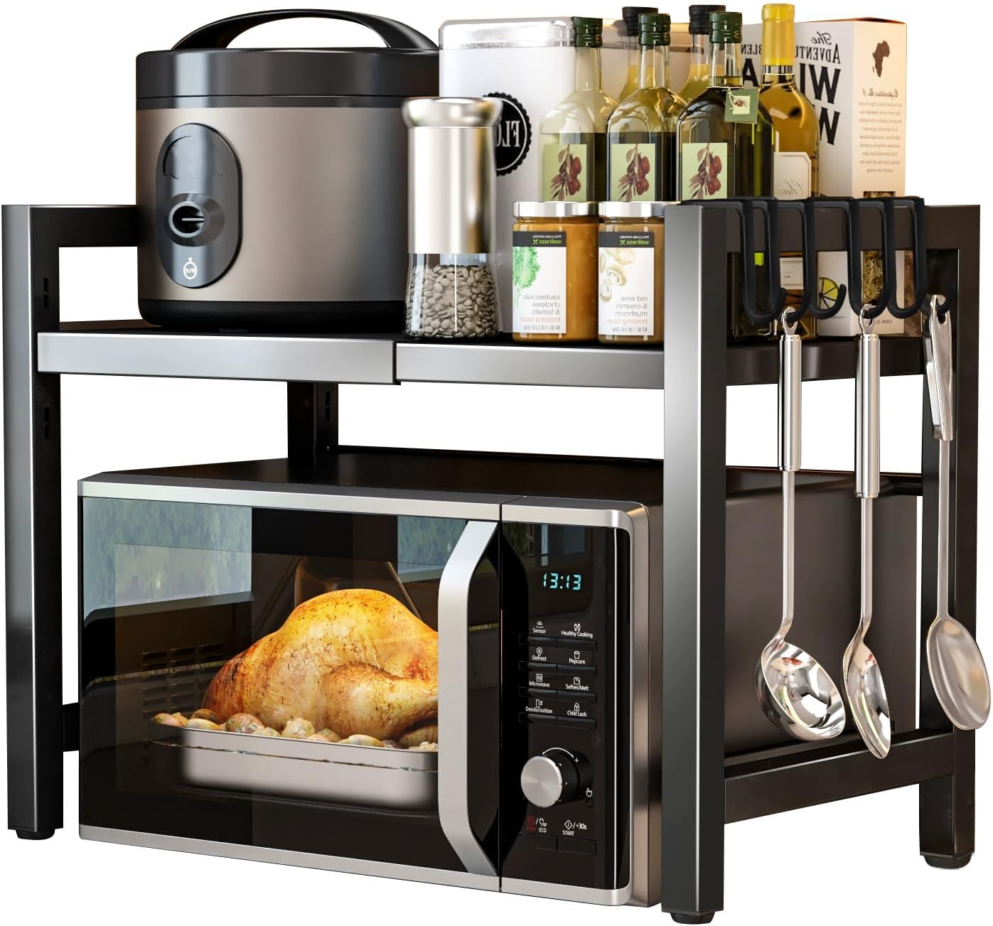 Savieva Expandable Microwave Oven Rack with 6 Hooks - 2-Tier Kitchen ...