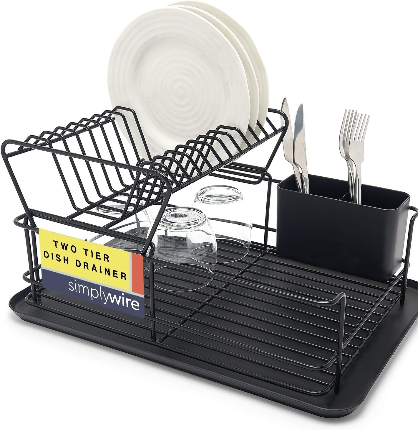 simplywire – Two Tier Dish Drainer – Removable Plate Drying Rack & Cutlery Holder - Black ...