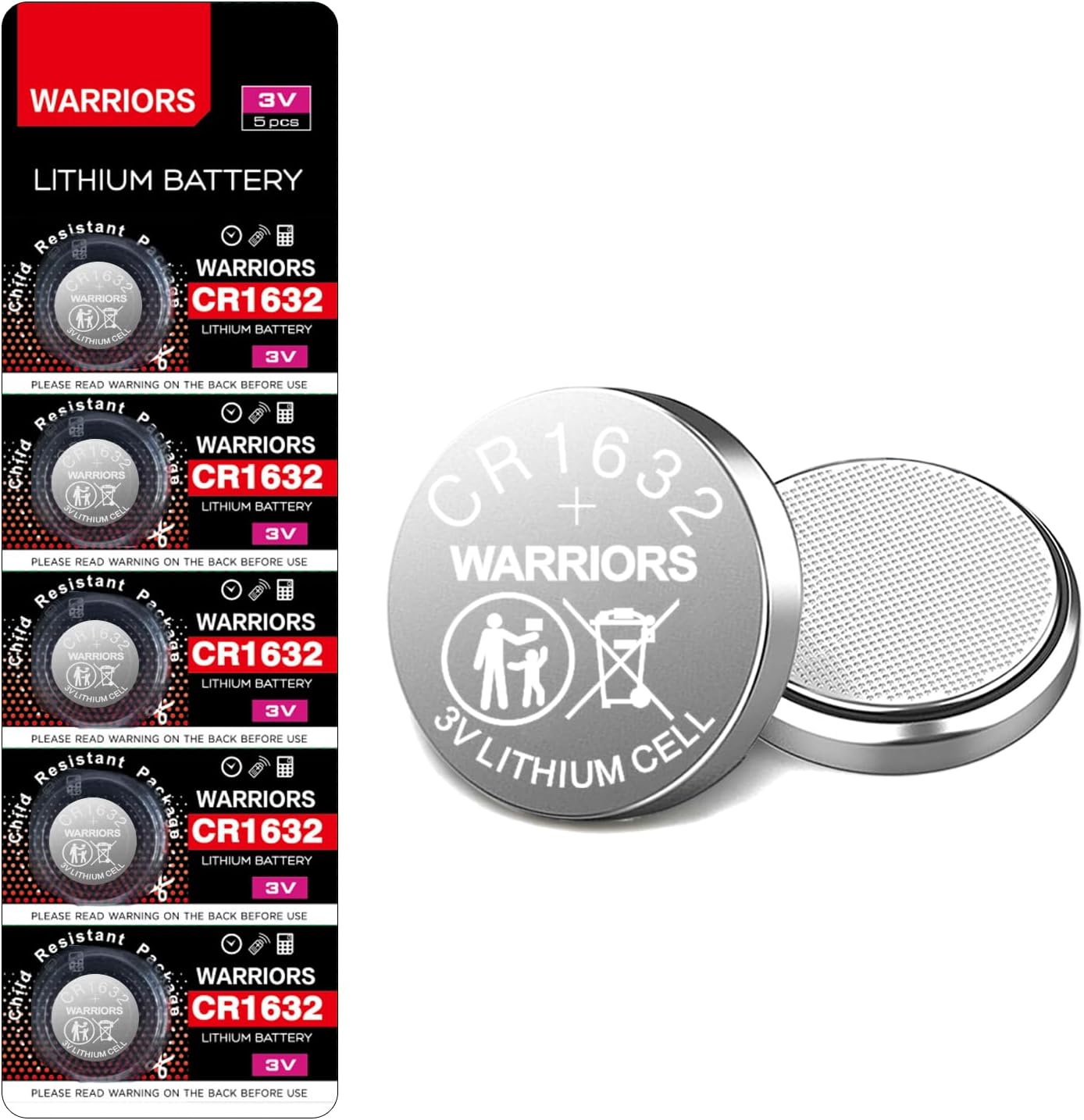 Warriors 1632 CR1632 Coin Button Cell 3V 3 Volt Lithium Batteries 5X Retail Pack Compliant with ...