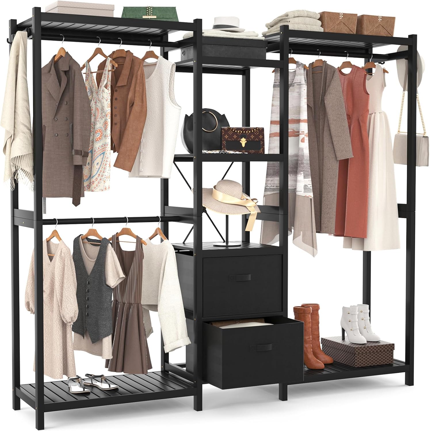 Amazon.com: Bamboo Heavy Duty Clothes Rack Garment Rack with 2 Drawers ...