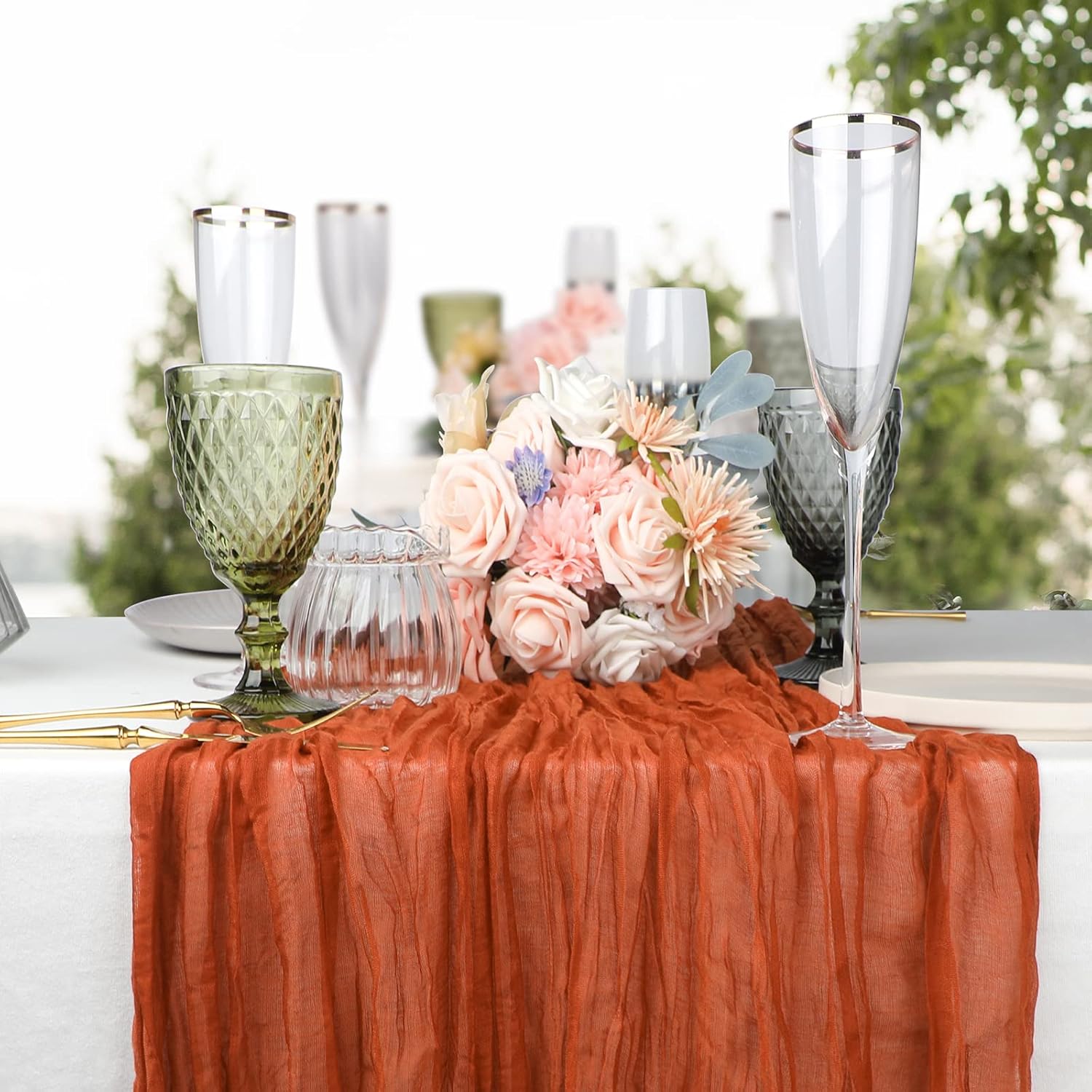 Qidordour 2pcs Cheesecloth Table Runner Terracotta, 13 ft Boho Gauze ...