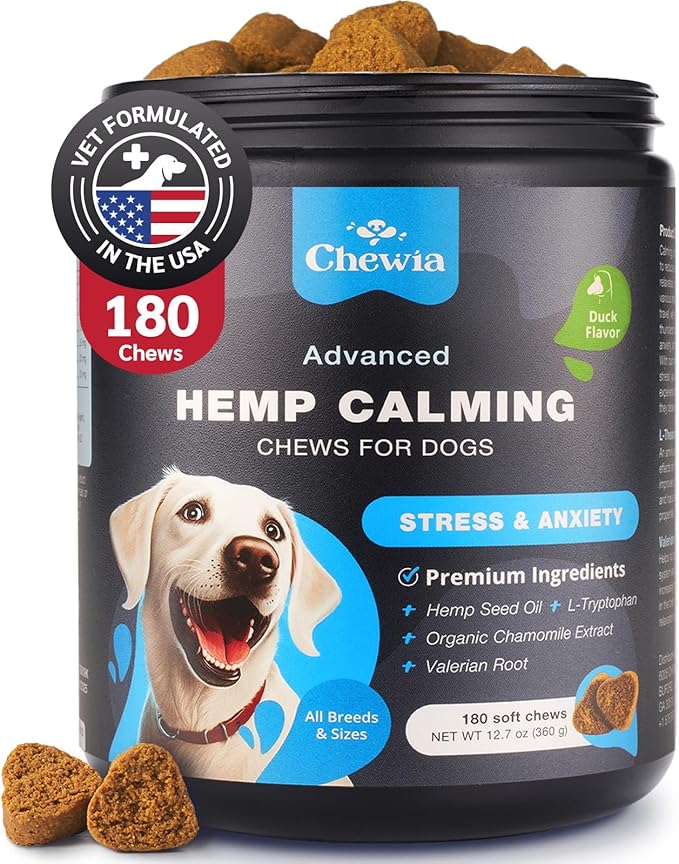 Amazon.com : CHEWIA Hemp Calming Chews for Dogs Anxiety - 180 Duck Flavor Treats for Dog Calming ...