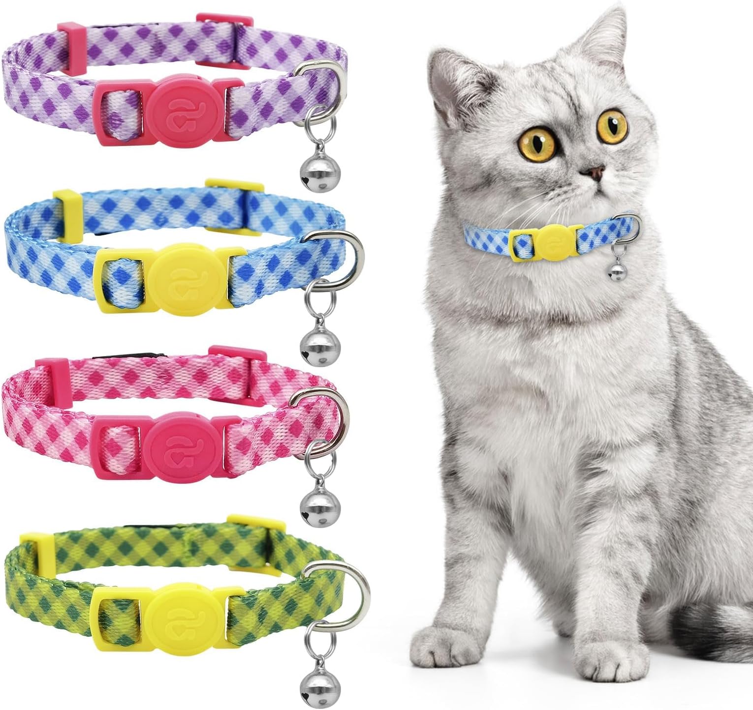 Pet Supplies : azuza 4 Pack Breakaway Plaid Kitten Collar with Bell, 4 ...