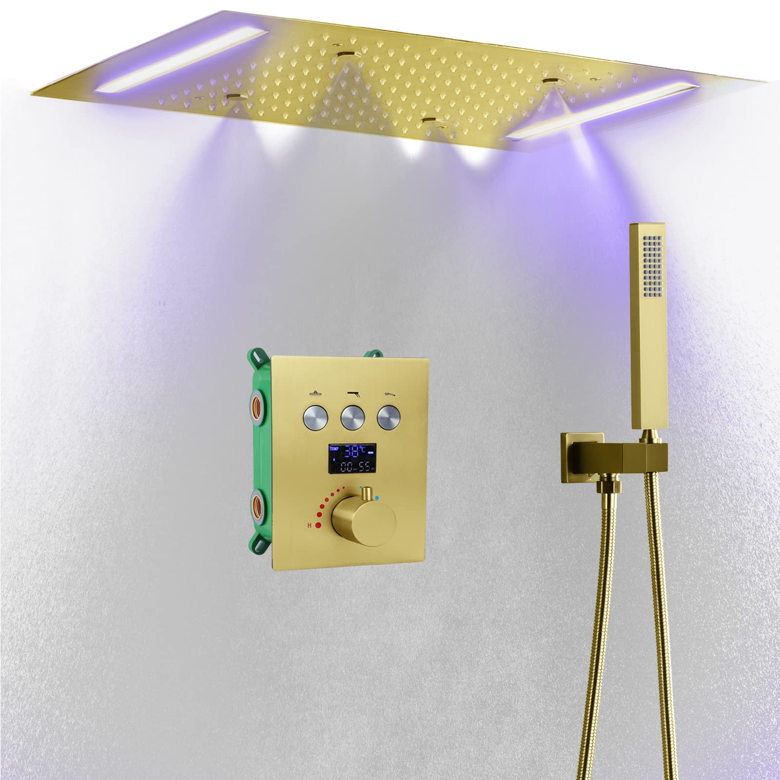 Brushed Gold 14 X 20 Inch LED Ceiling Rain Shower Head with Handheld ...