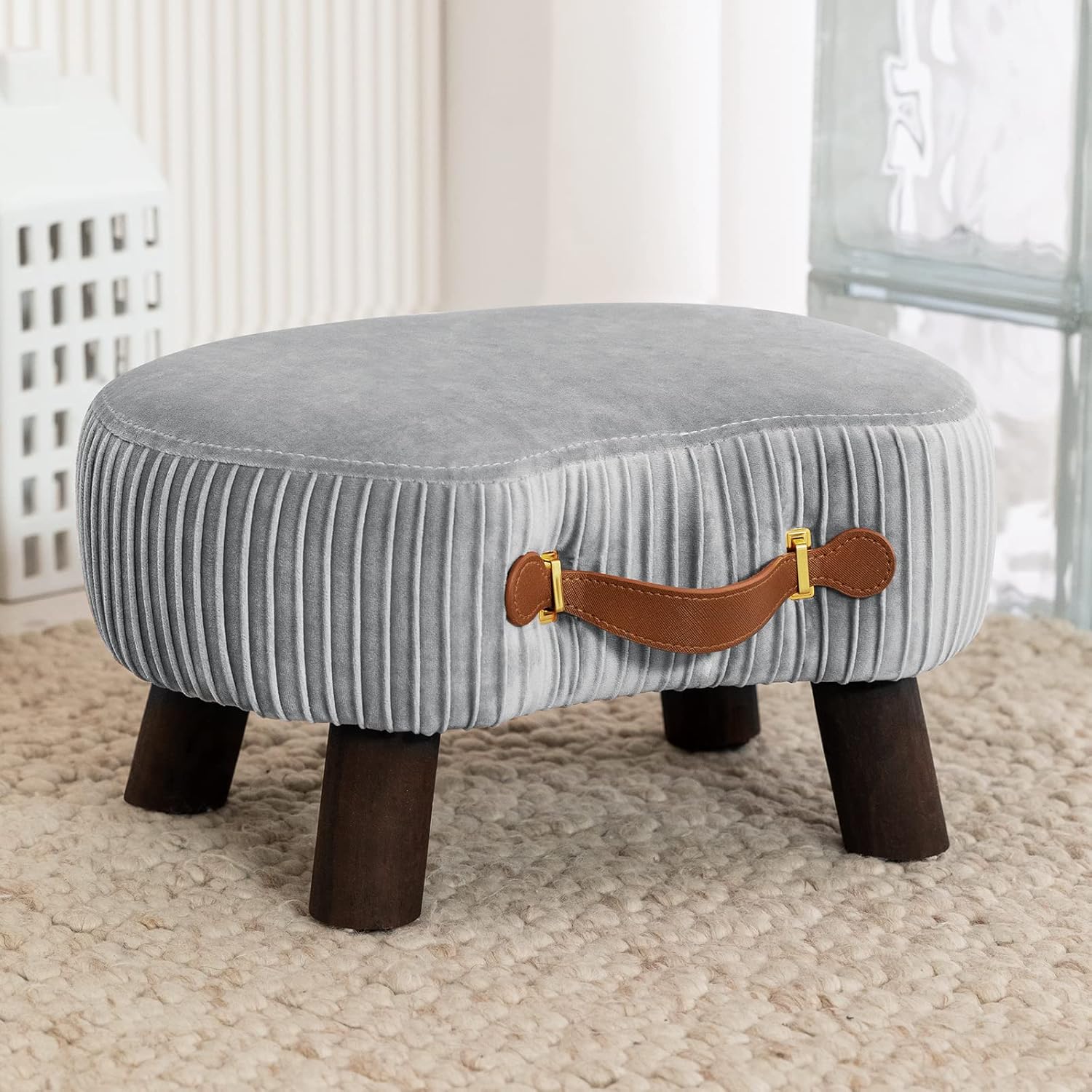 Amazon.com: LUE BONA Small Curved Foot Stool with Handle, Gray Velvet ...