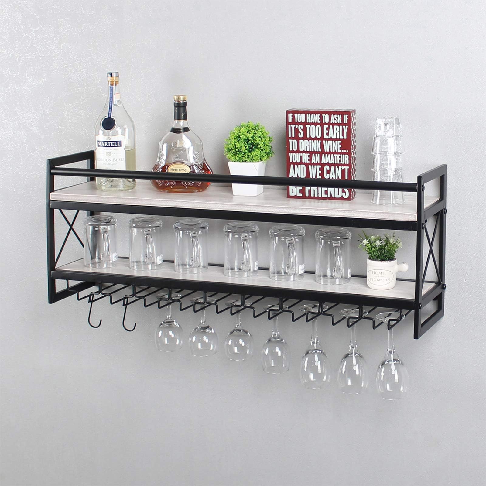 Amazon.com: MBQQ Wine Rack Stemware Glass Rack,Industrial 2-Tier Wood ...