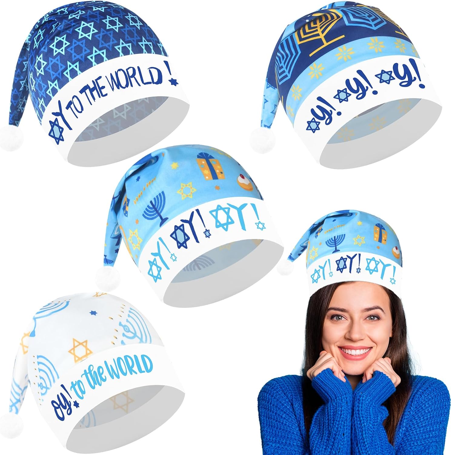 Amazon.com: 4 Pcs Happy Hanukkah Hats Blue Santa Hat Oy To The World ...