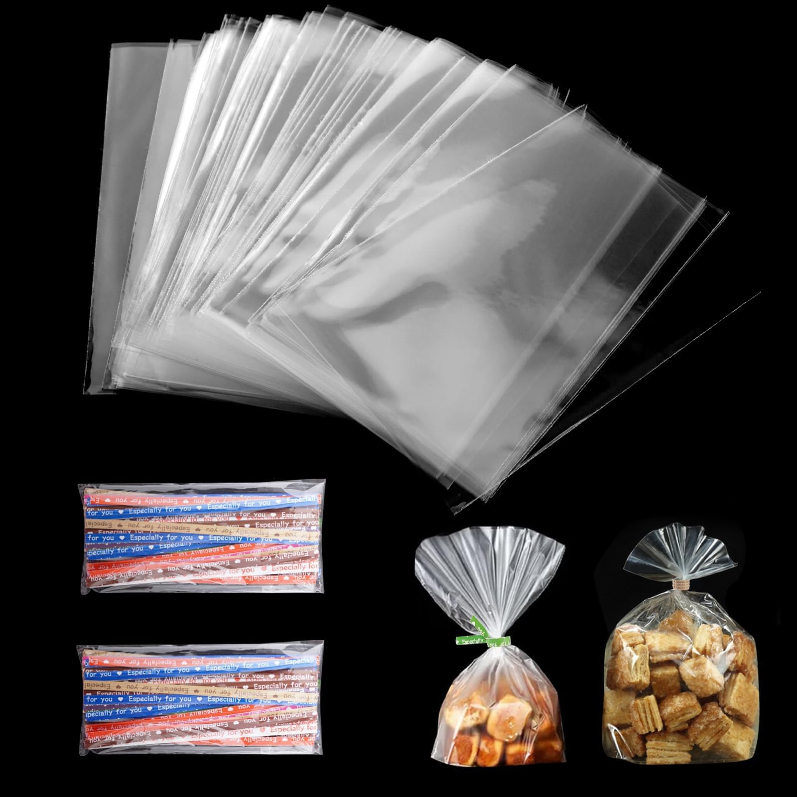 100 x 4" x 6" Clear Lollipop Cellophane Bags with Silver Twist Ties ...
