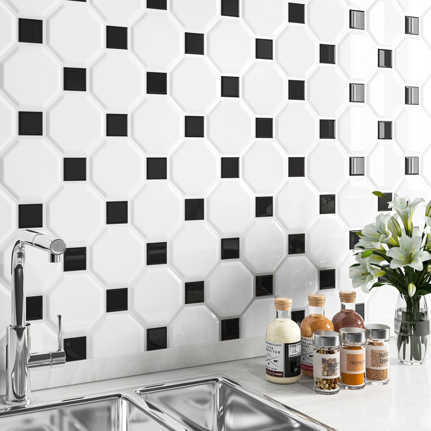 LaCheery 18 Tiles 12"x12" Octagon Peel and Stick Backsplash Black White ...