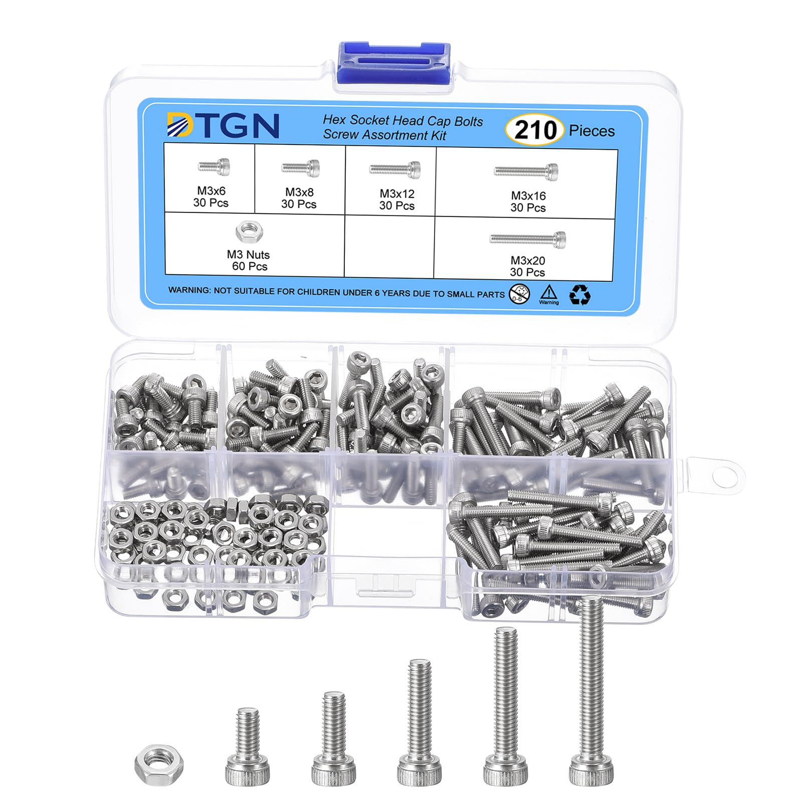 DTGN 210Pcs M3 Metric Screw Assortment, Bolts and Nuts Kit, 304 ...