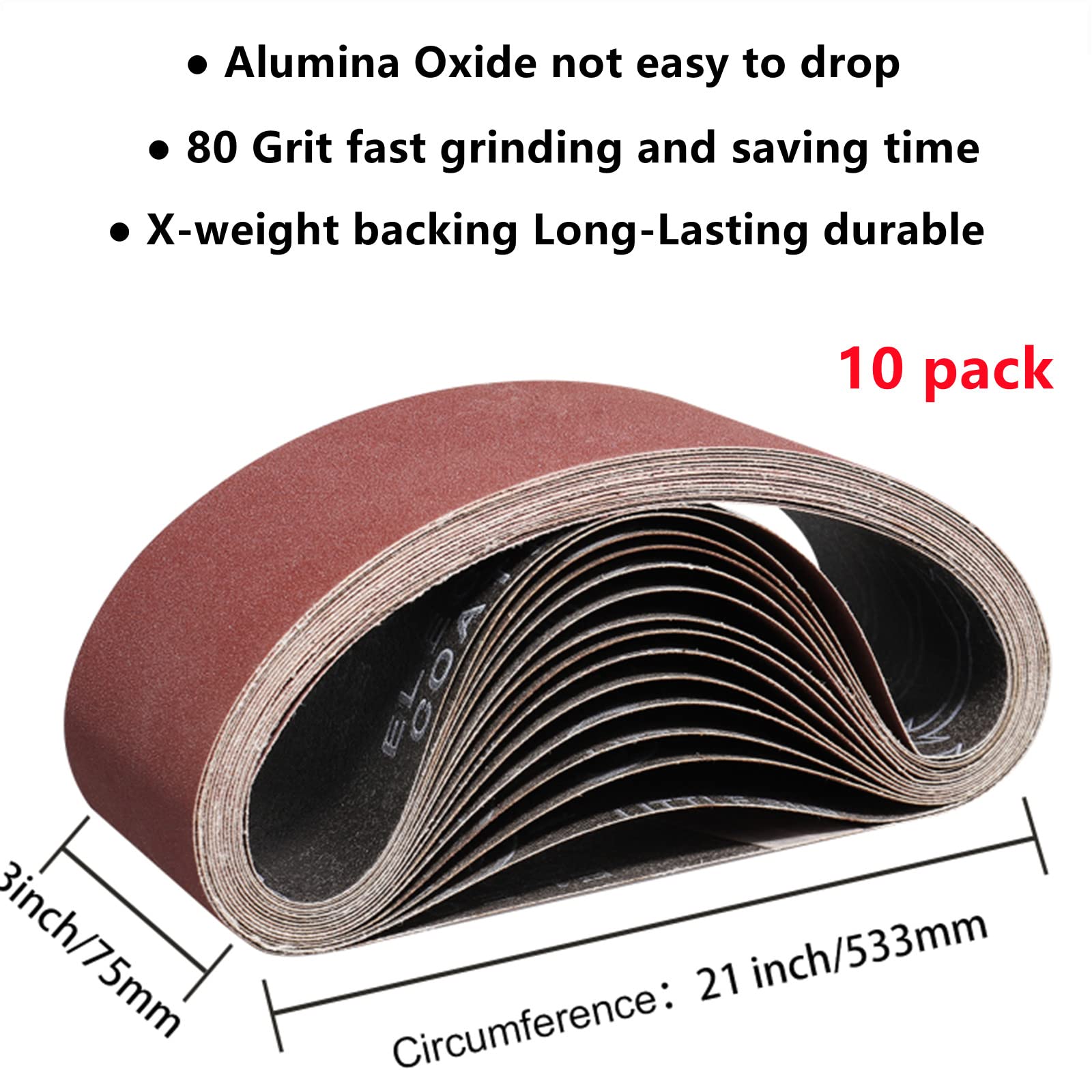 Snapklik.com : POTUINOM 3x21 Inch 80 Grit Sanding Belts 10 Pack