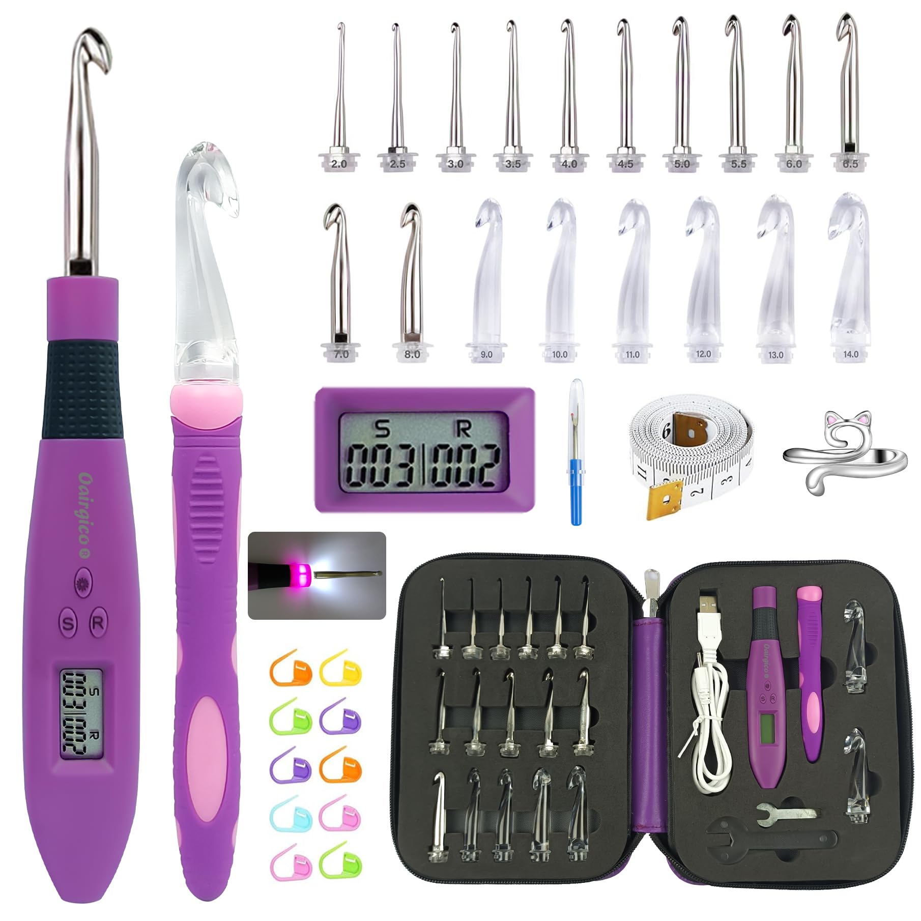 Amazon.com: Light Up Crochet Hooks Set-18 Sizes Digital Crochet Hooks ...