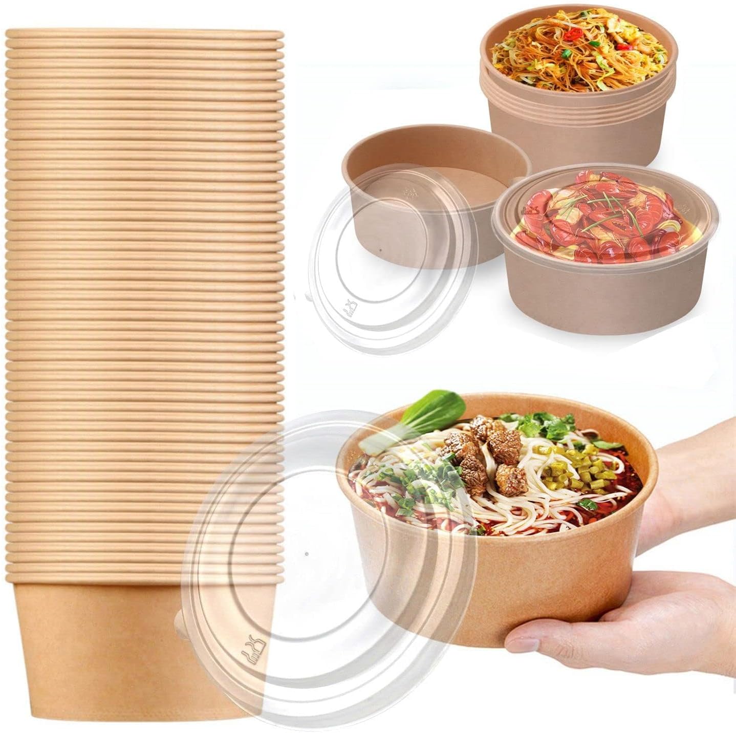 Amazon.com: Lyellfe 50 Pack Kraft Paper Bowls with Lid, 25 Oz ...