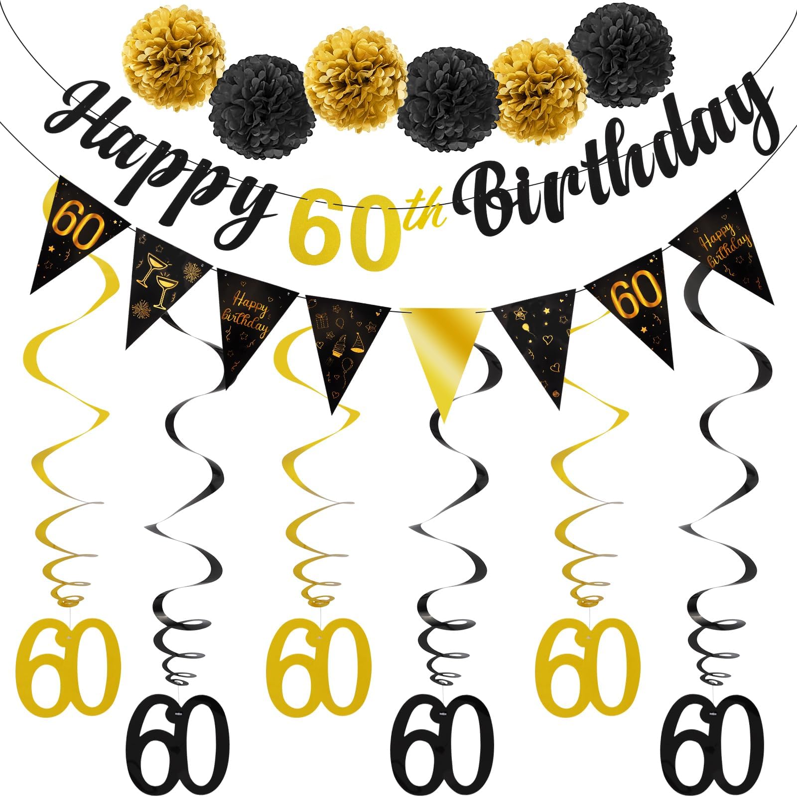 Amazon.com: TOBATOBA 60th Birthday Decorations Kit for Men Women, Black ...