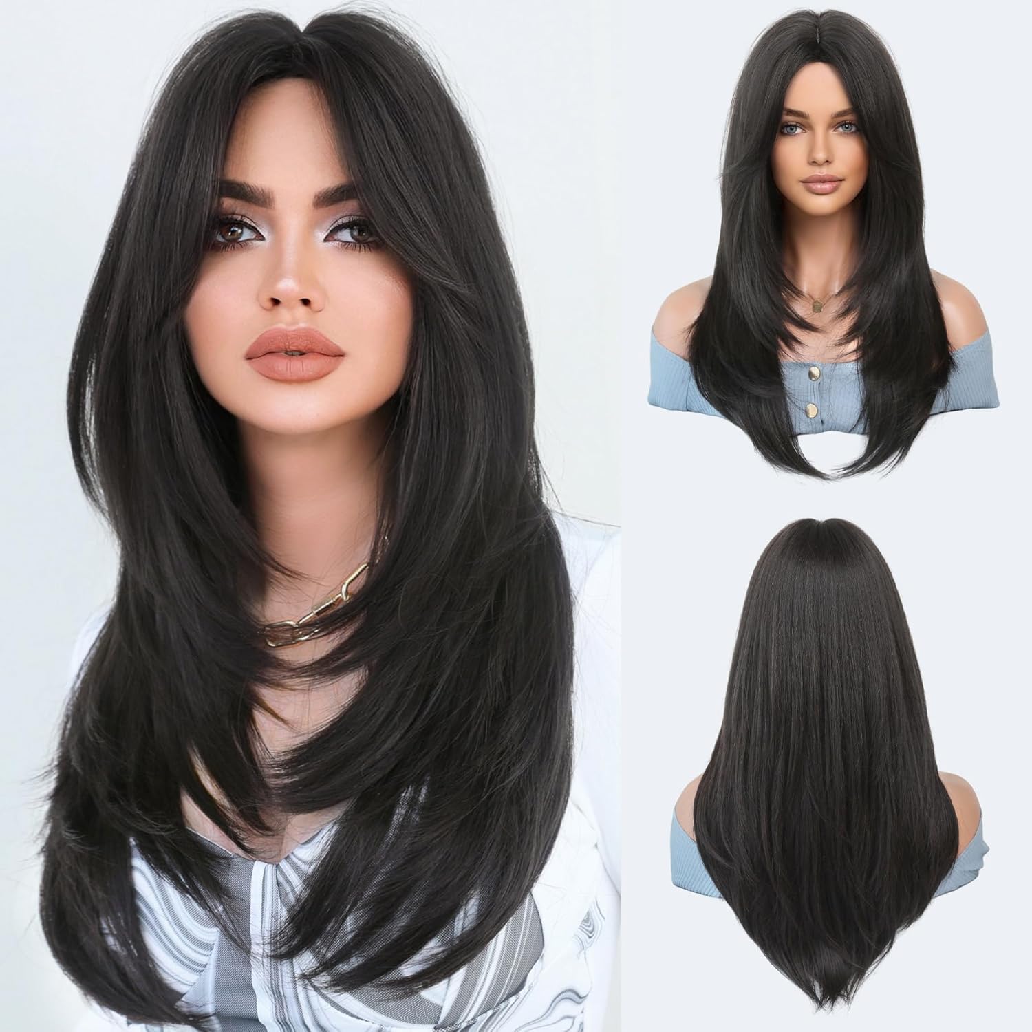 7JHH WIGS Peluca larga ondulada negra natural en capas con flequillo de ...