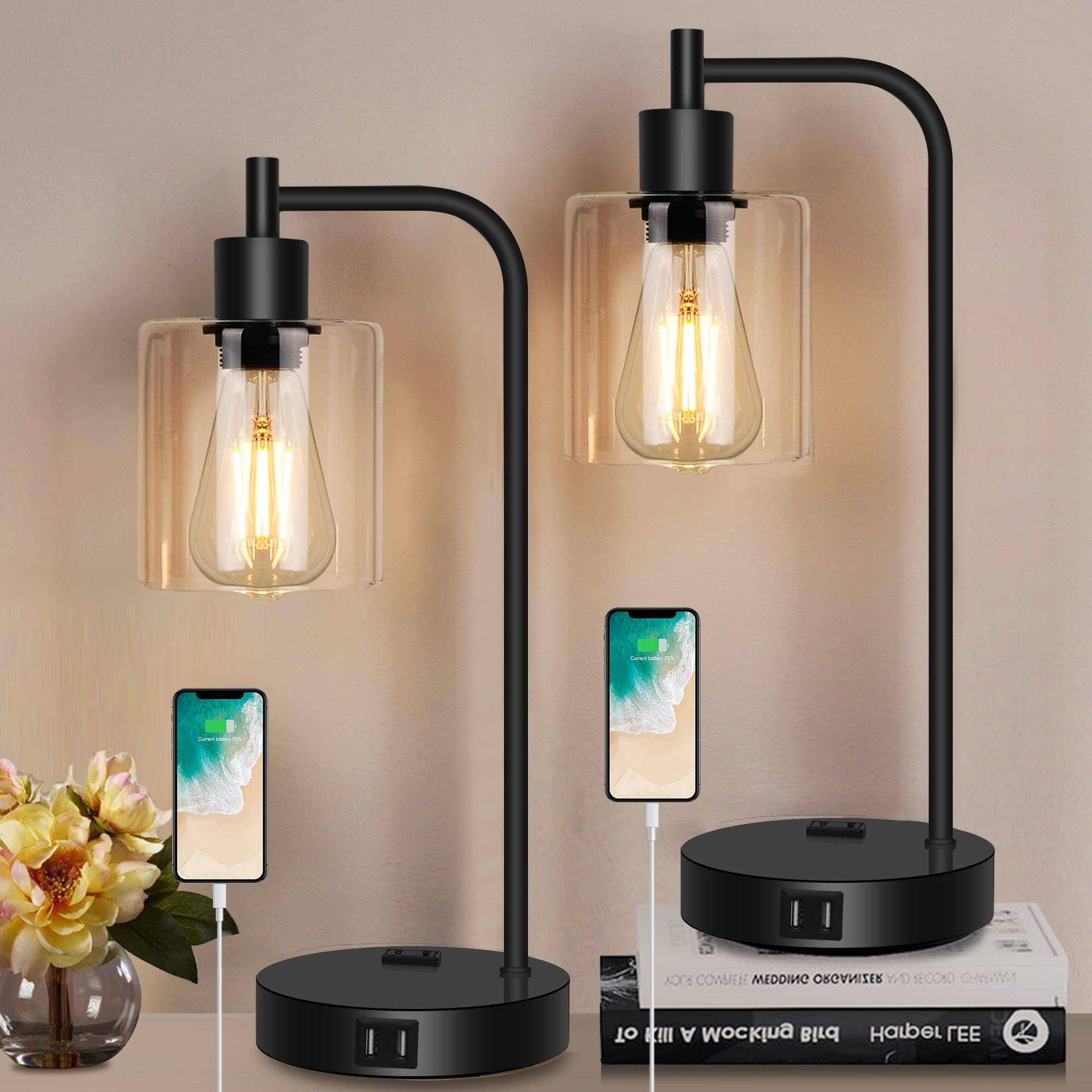 Set of 2 Industrial Table Lamps with 2 USB Port, Fully Stepless ...