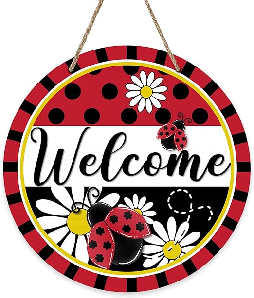 Amazon.com : Bolisom Welcome Spring Summer Ladybug Front Door Sign ...