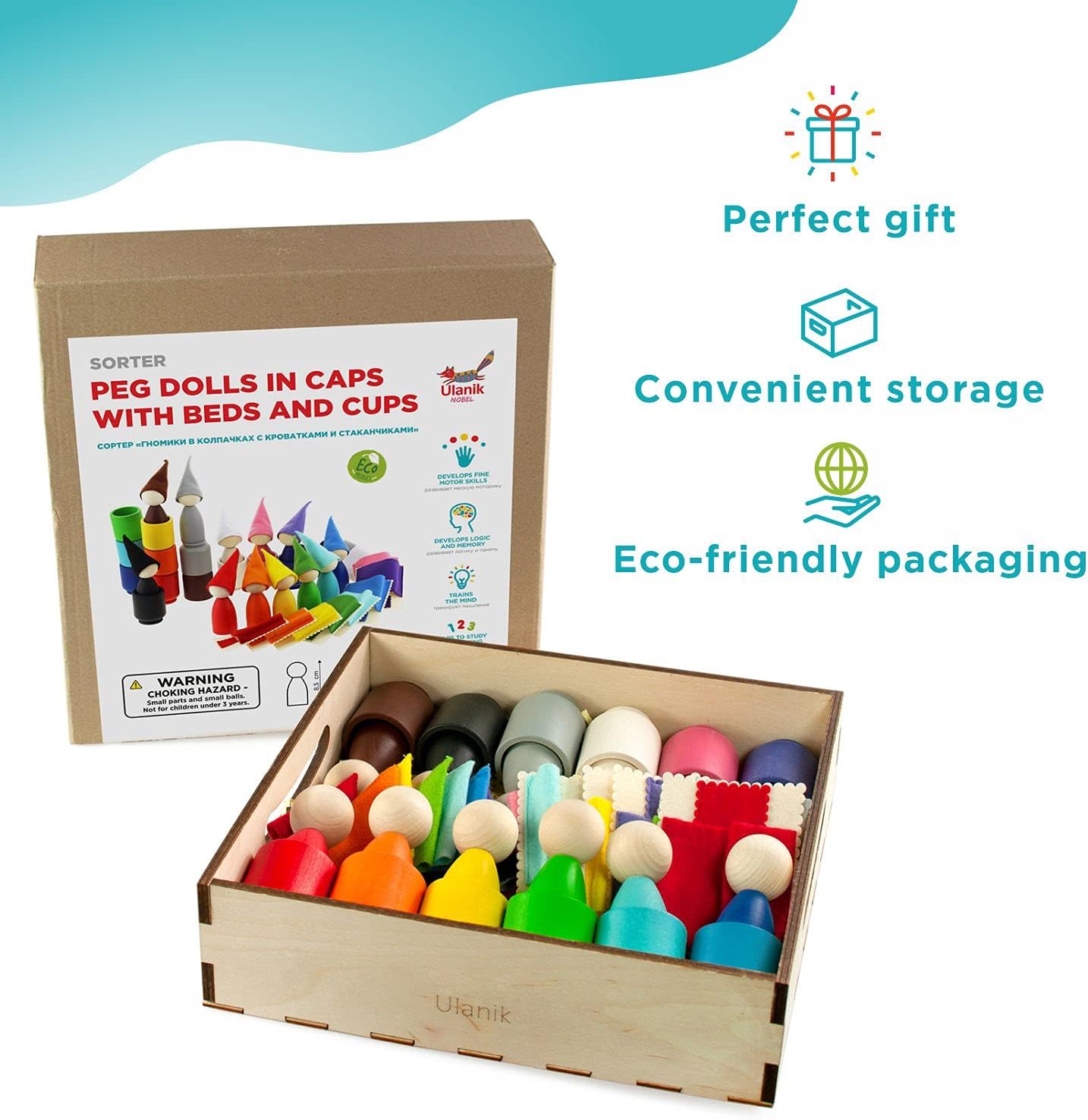 Ulanik Large Peg Dolls with Cups Hats and Beds Montessori Toy Wooden ...