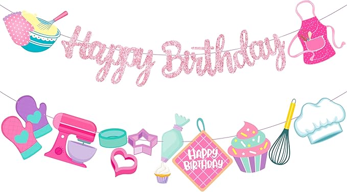 Amazon.com: Baking Happy Birthday Banners Glitter Pink Baking Birthday ...