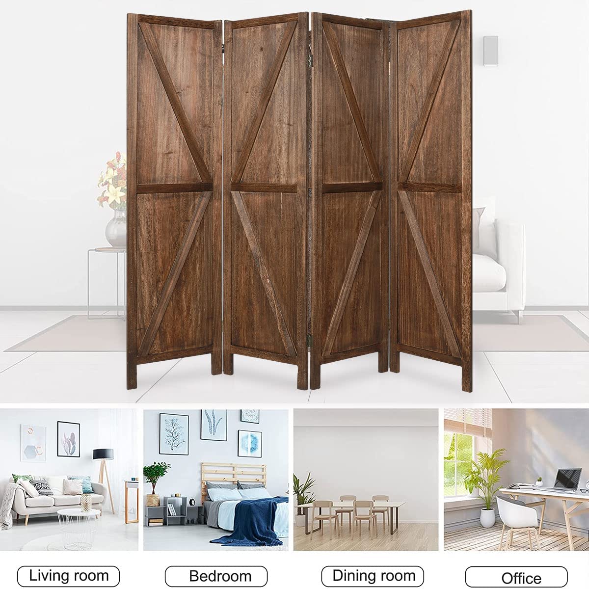 4 Panel Wood Screen Room Dividers, Outdoor Privacy Screen, 5.6 Feet ...