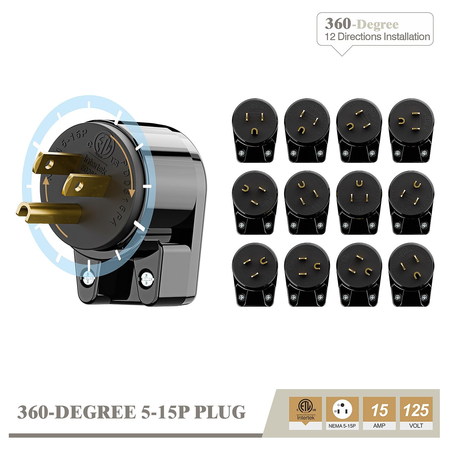 Snapklik.com : Right Angle Nema 5-15P 15A 125V AC Plug, ETL Listed Easy ...
