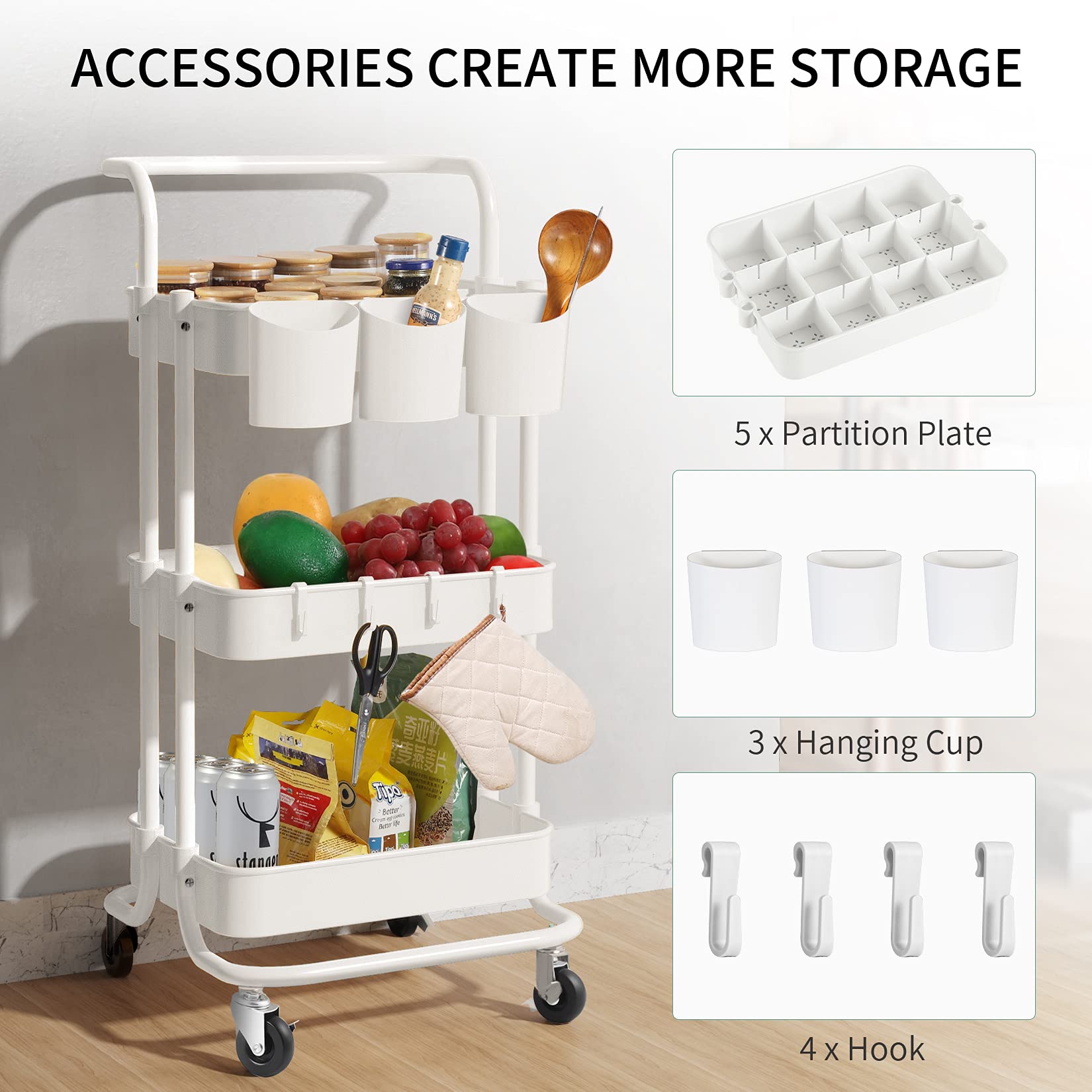 Buy alvorog 3-Tier Rolling Utility Cart Storage Shelves Multifunction ...