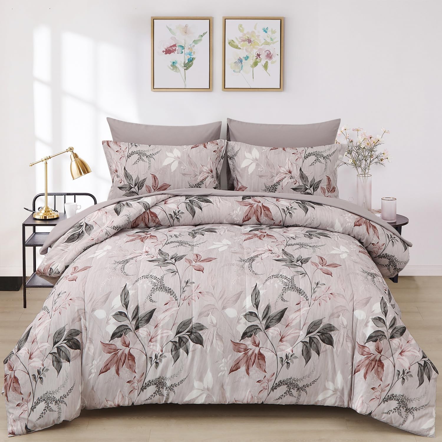 Amazon.com: Luxudecor Botanical Comforter Set Queen Size 7 Pieces Bed ...