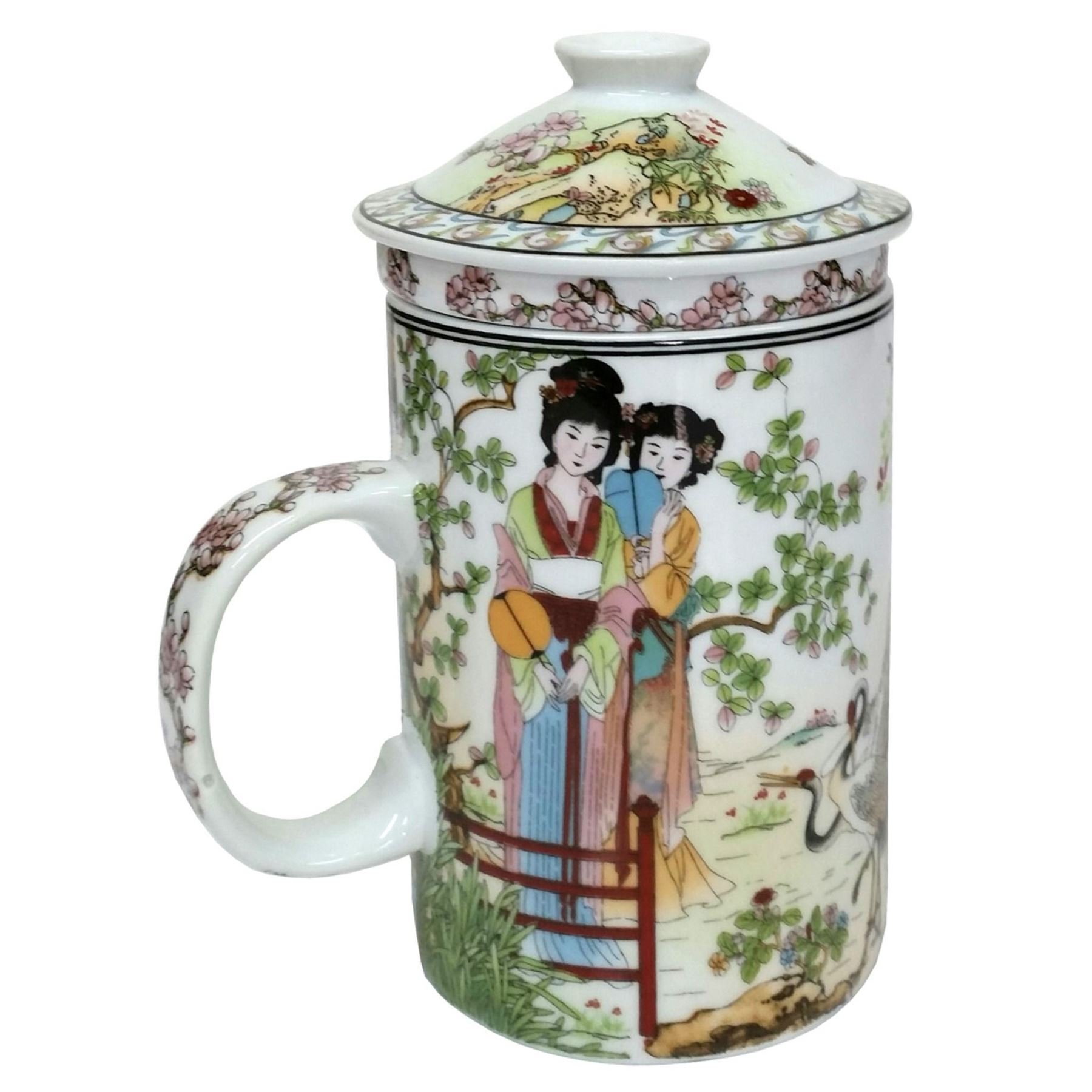 Porcelain Chinese Tea Mug with Infuser and Lid - Ladies + Cranes ...