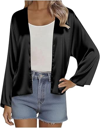 Satin Cardigan for Women's Open Front Elegant Formal Long Sleeve Jacket ...