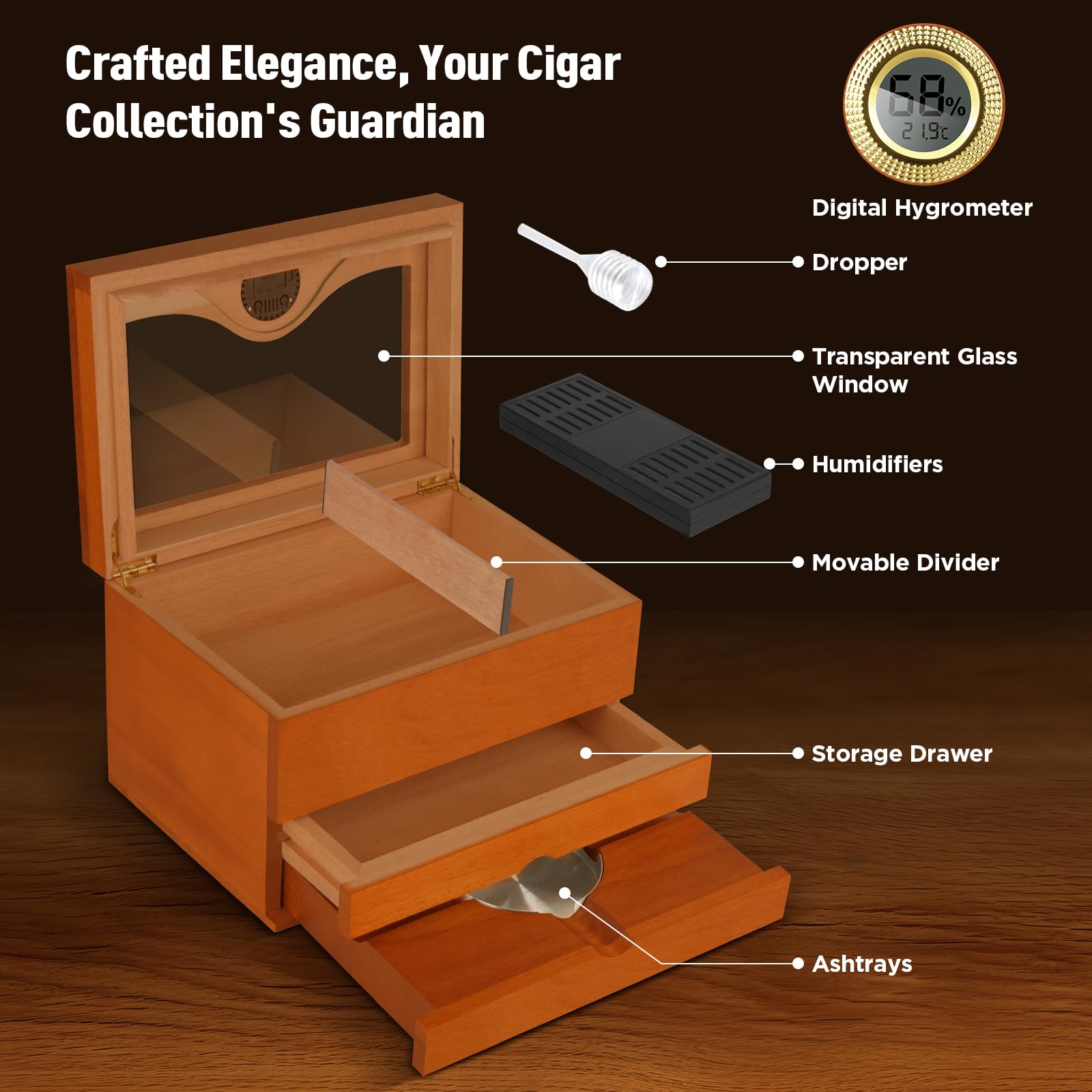Snapklik.com : Cigar Humidor, Cedar Wood Cigar Box, Glass Top Desktop ...