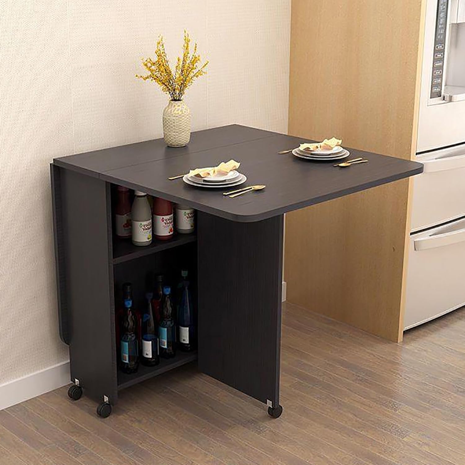 Space Saving Folding Dining Table, Mobile Drop Leaf Table with 6 Wheels ...