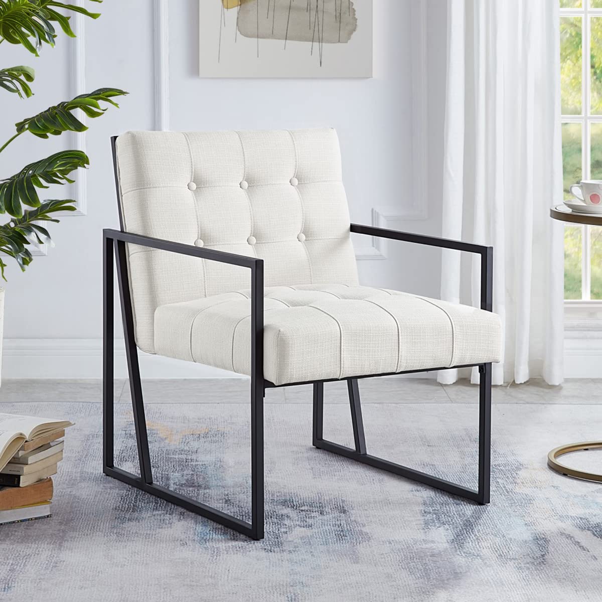 24KF Mid-Century Ivory Linen Button Tufted Accent Chair with Metal ...