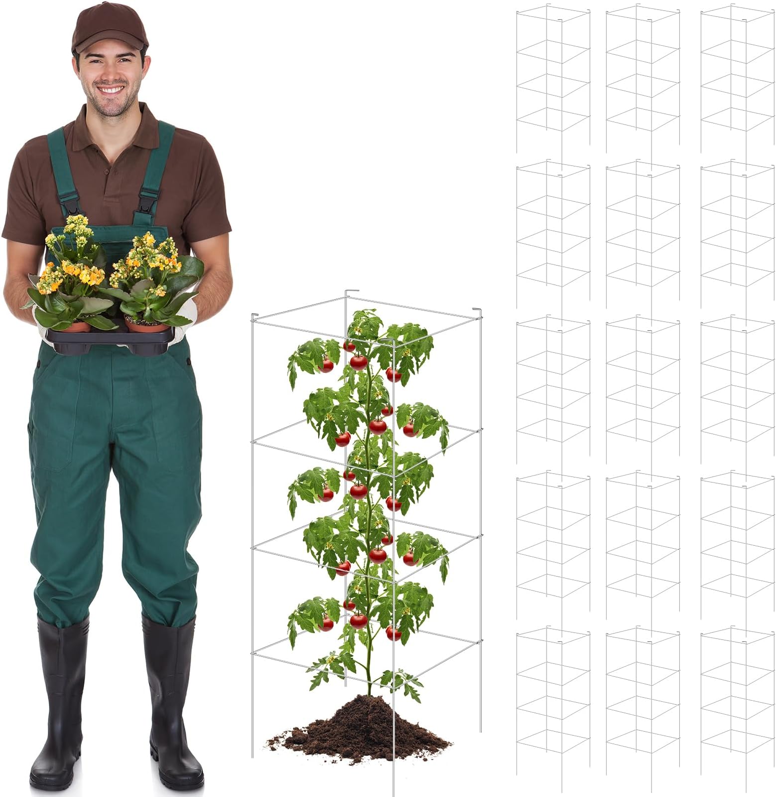 Amazon.com : Hicarer 16 Pack Square Folding Tomato Cage Heavy Duty ...