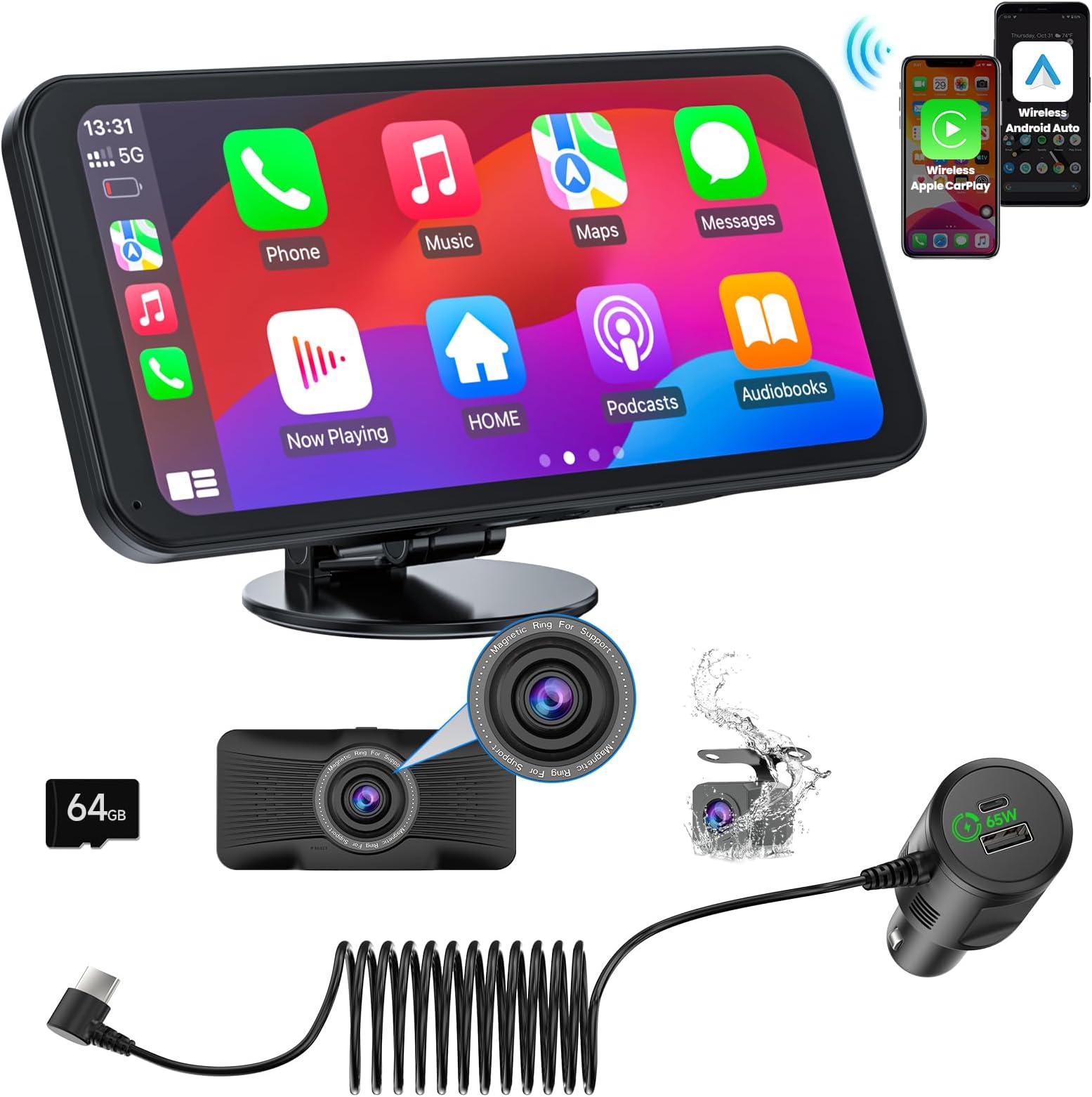 Amazon.com: Wireless Carplay with 4K Dash Cam, 9" Portable Carplay ...