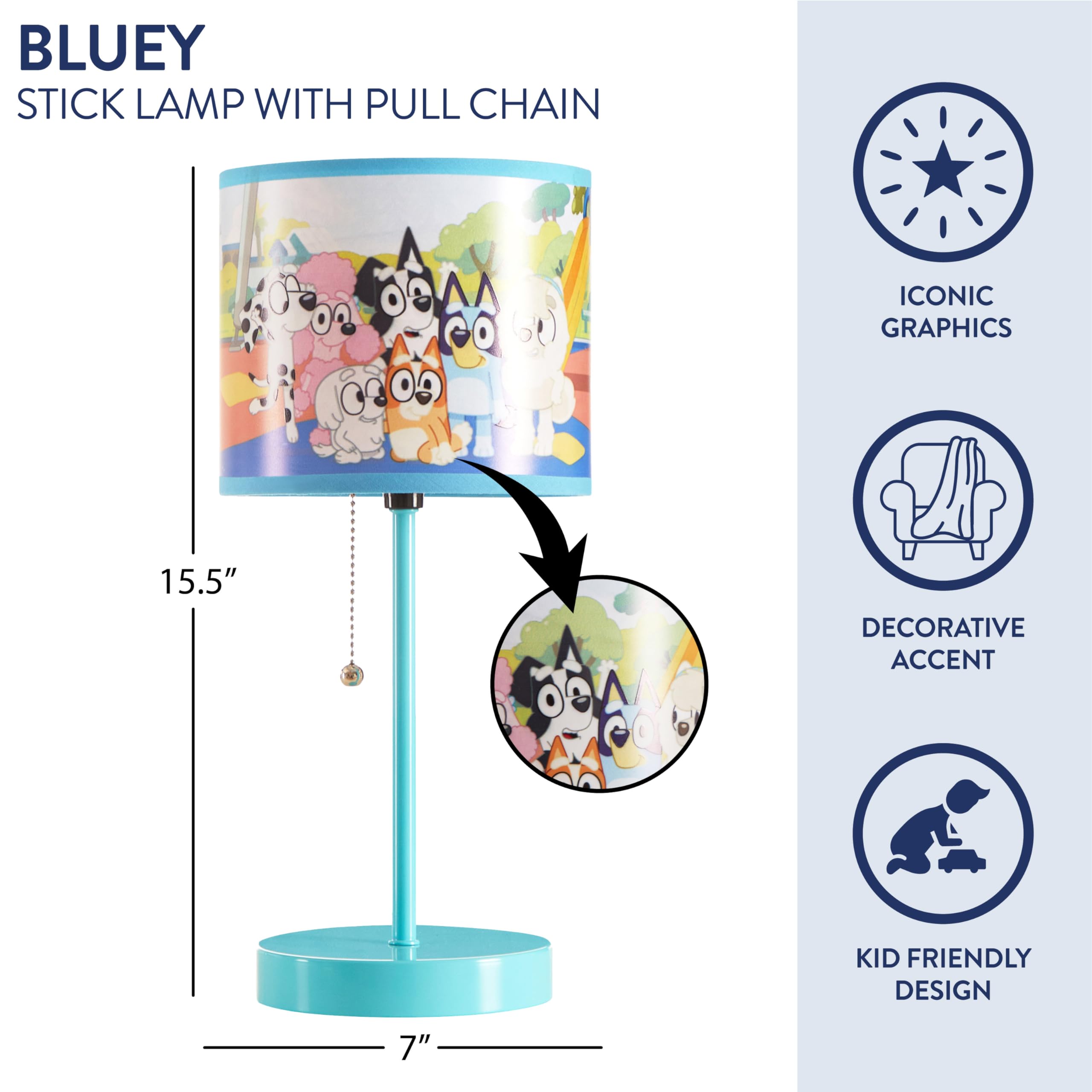 Idea Nuova Bluey Printed Shade Stick Table Lamp for Kids with Pull Chain